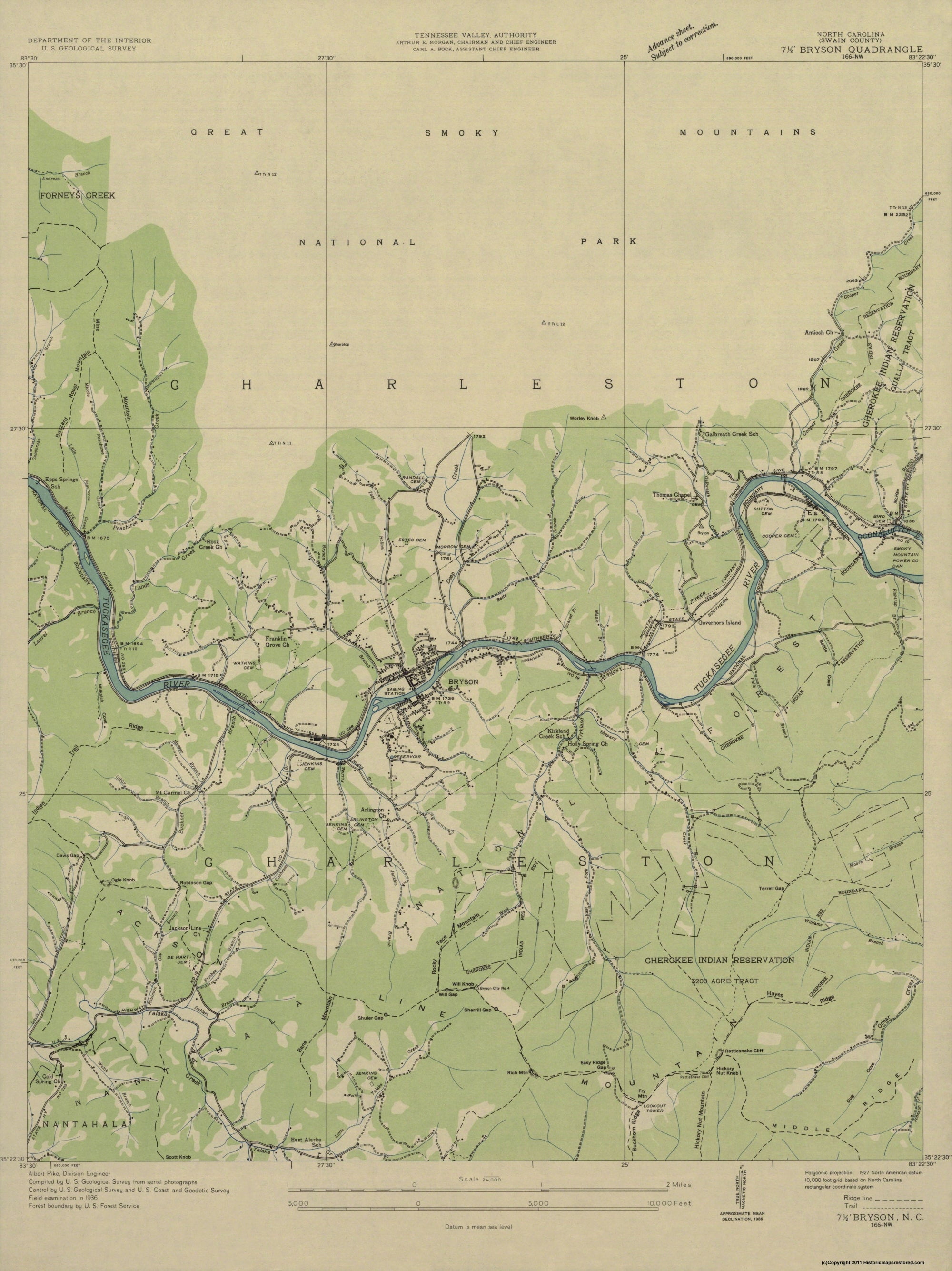 Topographical Map - Bryson North Carolina Quad - USGS 1936 - 23 x 30.69 ...