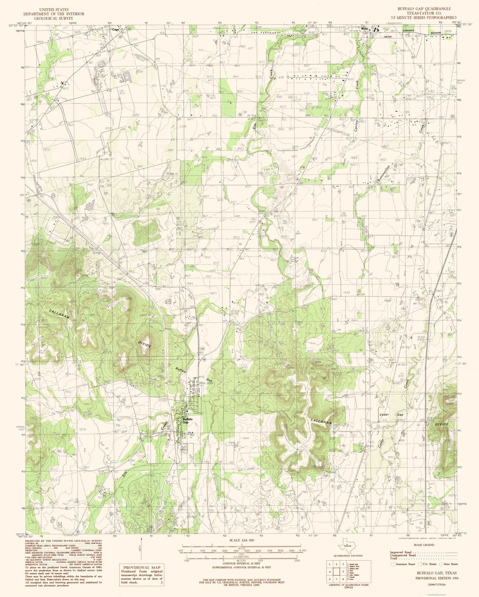 Topographical Map - Buffalo Gap Texas Quad - USGS 1984 - 23 x 28.65 ...