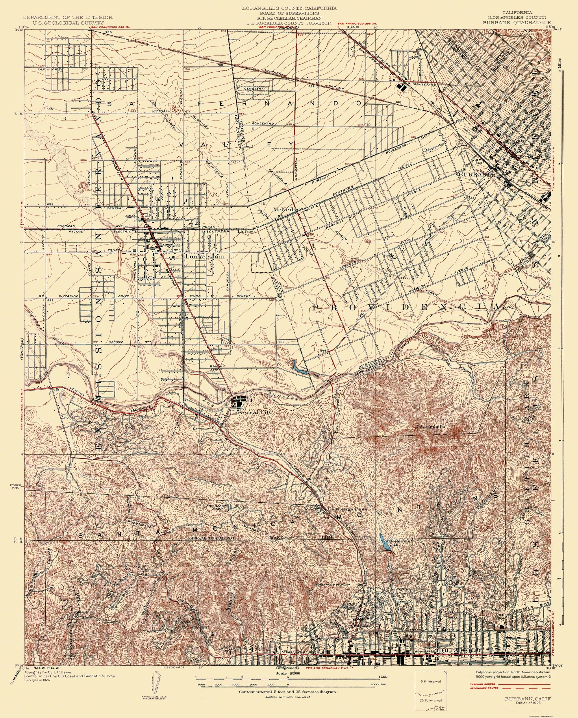 Topographical Map - Burbank California Quad - USGS 1926 - 23 x 28.56 ...