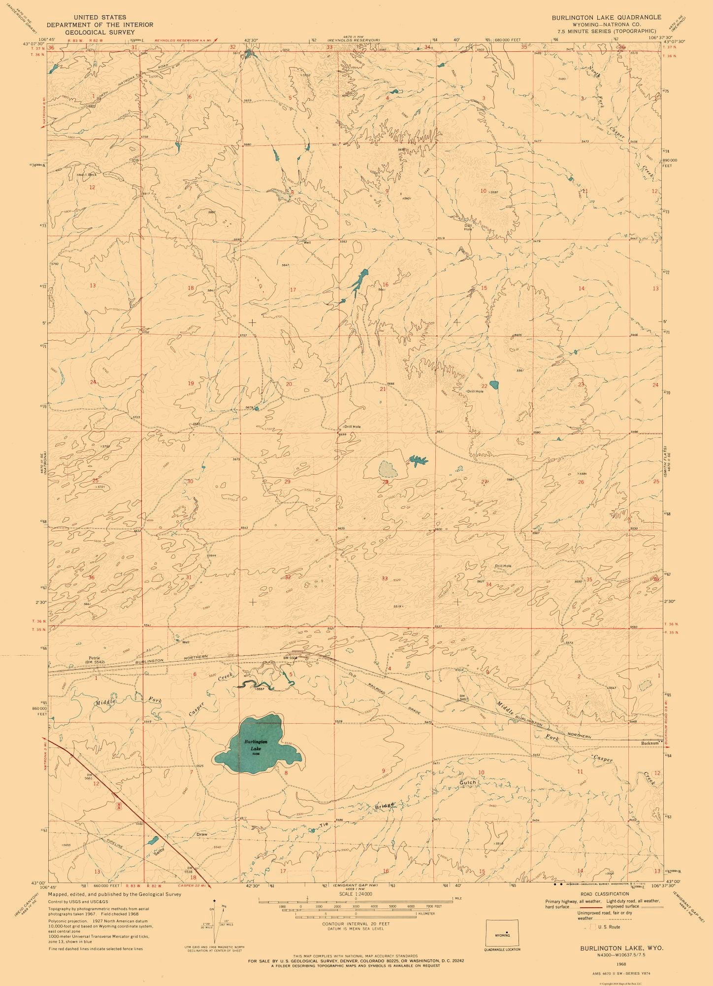 Topographical Map - Burlington Lake Wyoming Quad - USGS 1968 - 23 x 31. ...