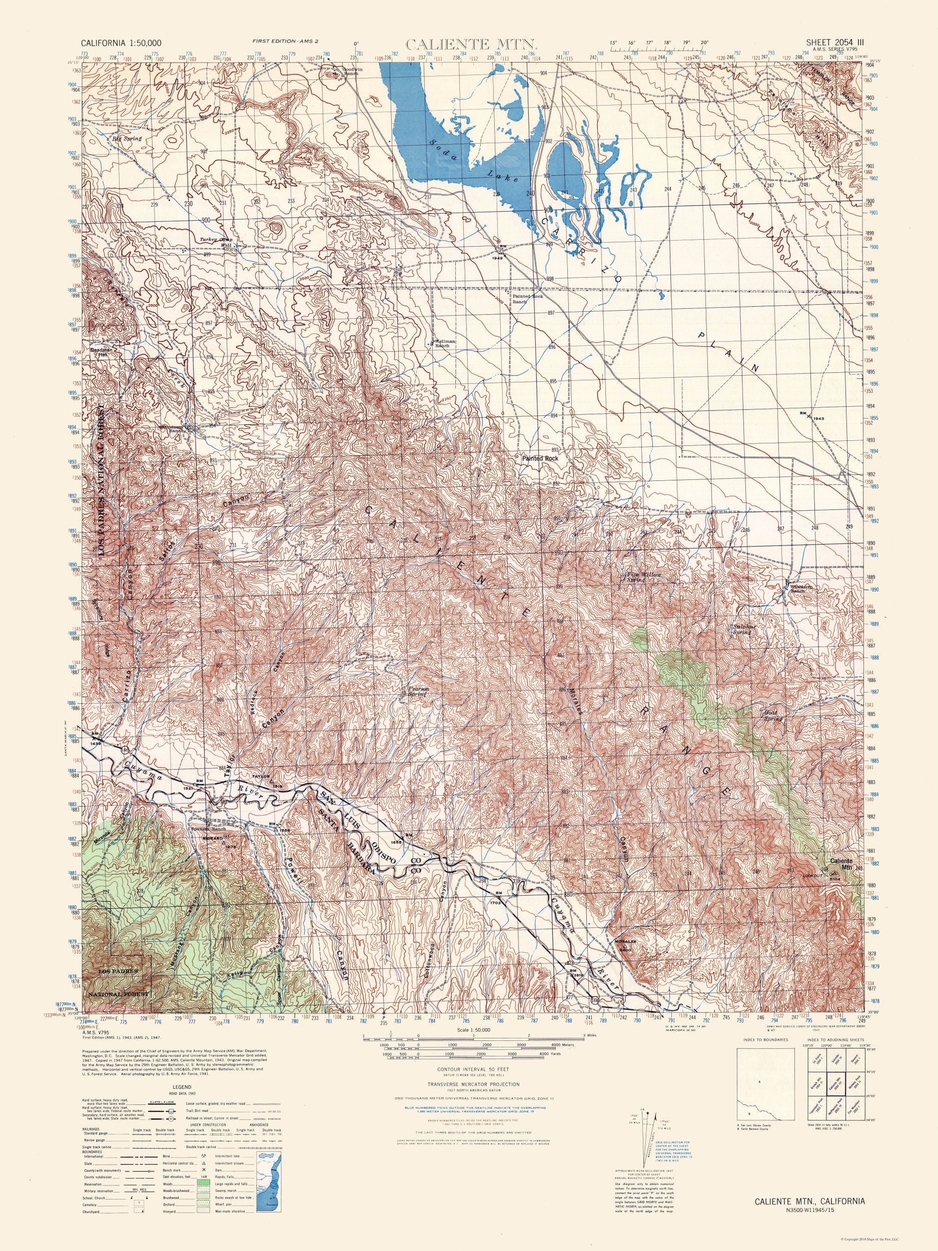 Topographical Map - Caliente Mountain Sheet - US Army 1943 - 23 x 30.67 ...
