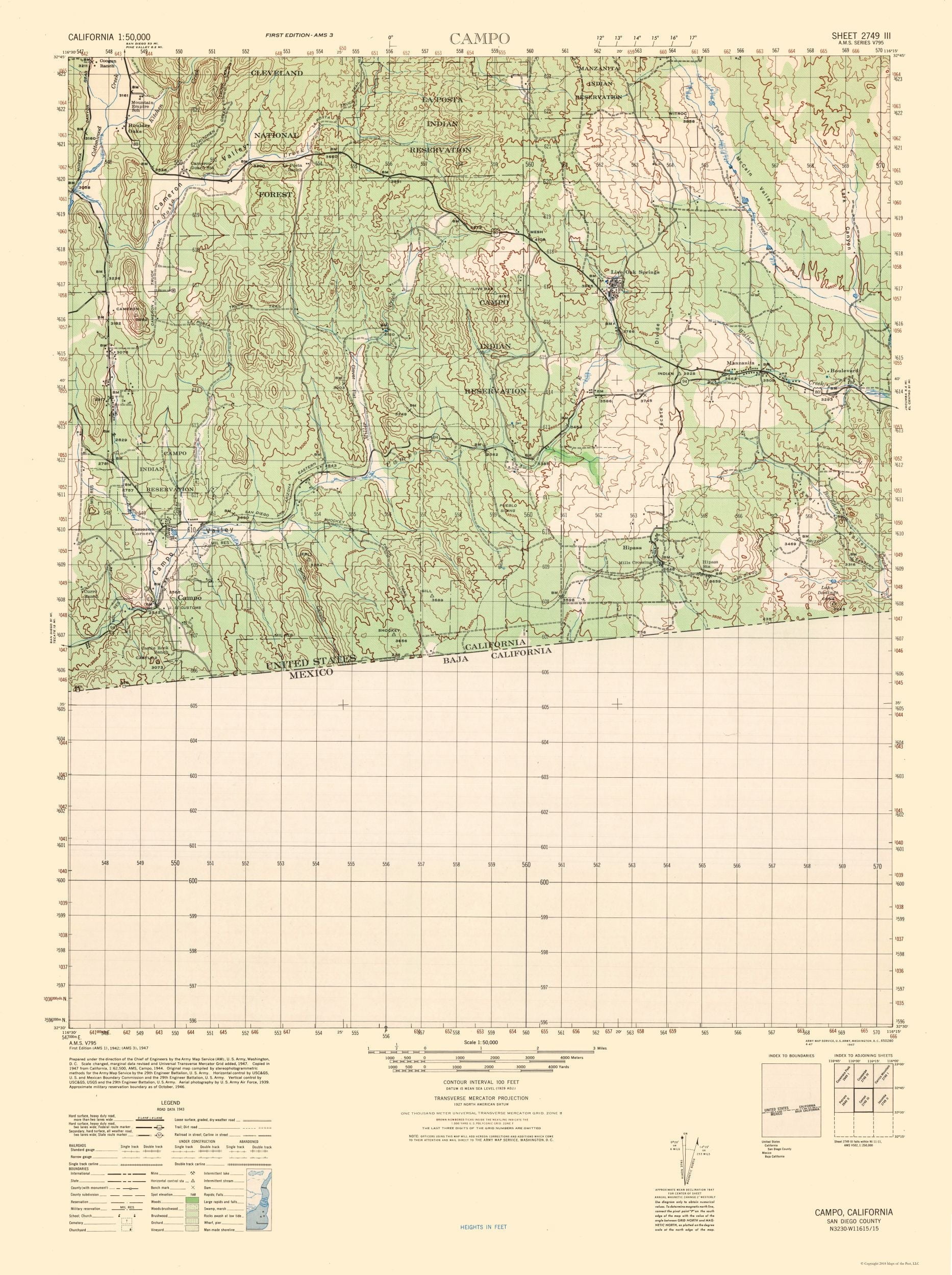 Topographical Map - Campo Sheet - US Army 1942 - 23 x 30.82 - Vintage ...
