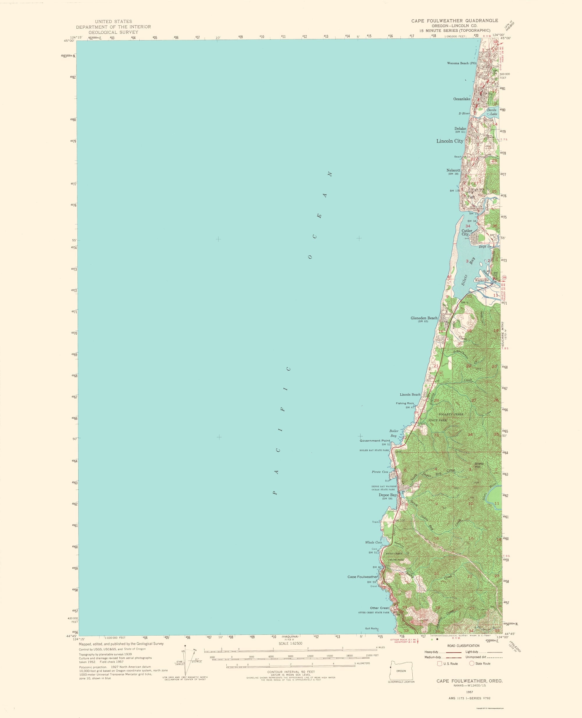 Topographical Map - Cape Foulweather Oregon Quad - USGS 1967 - 23 x 28. ...