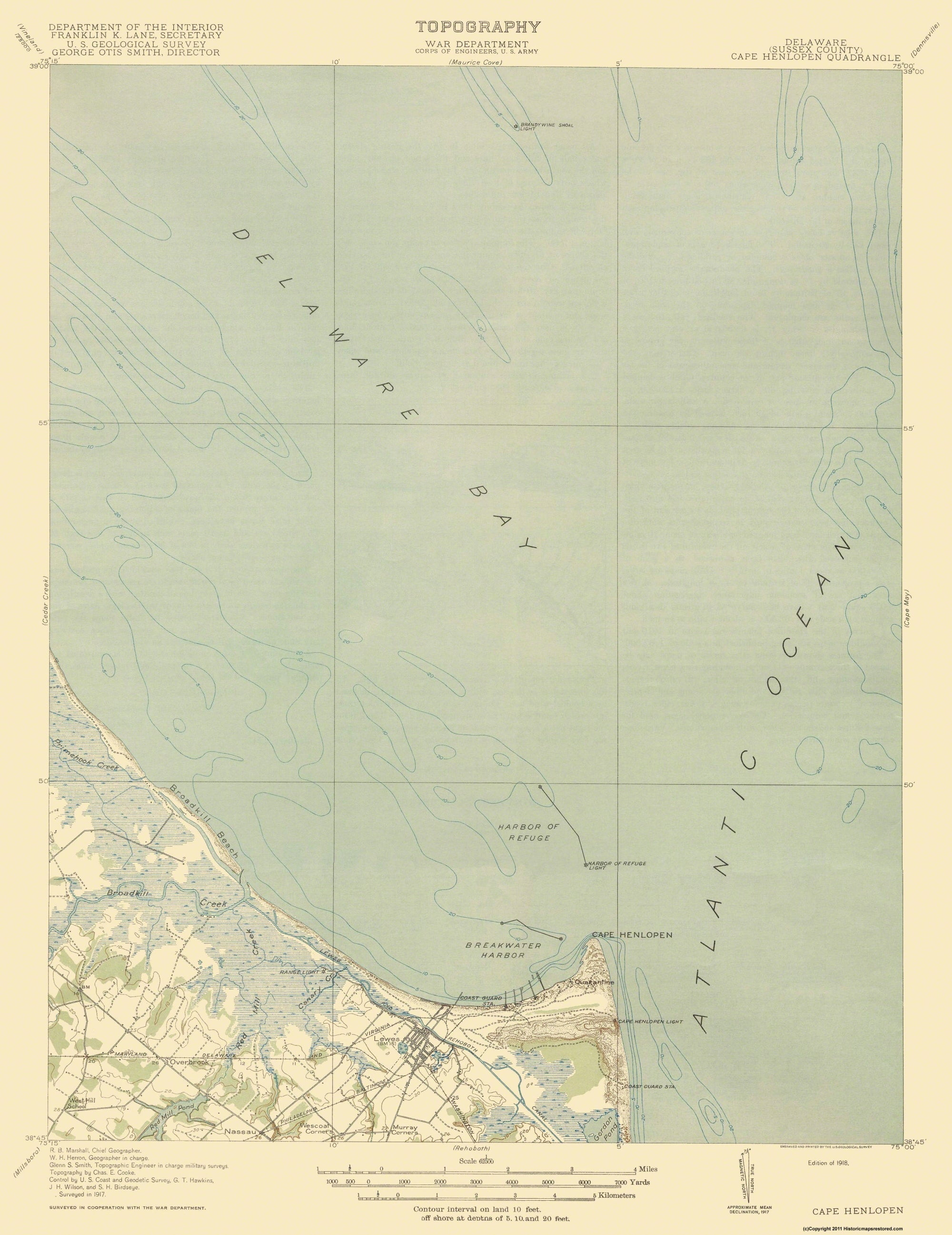 Topographical Map - Cape Henlopen Delaware Quad - USGS 1918 - 23 x 29. ...