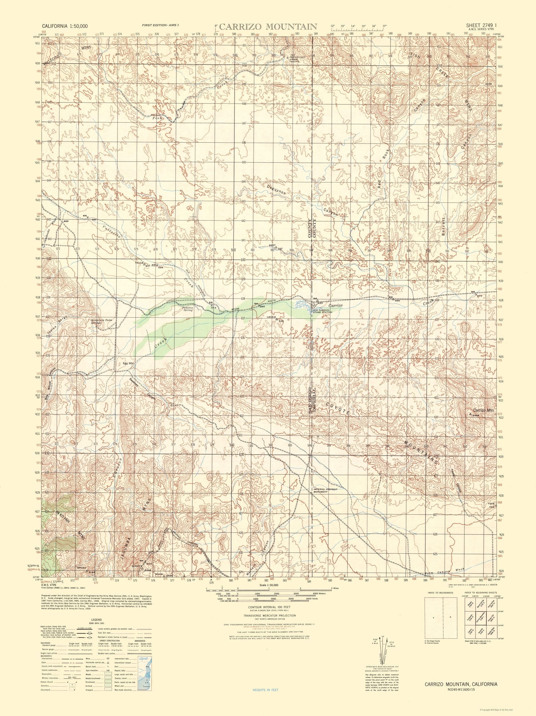 Topographical Map - Carrizo Mountain Sheet - US Army 1942 - 23 x 30.73 ...