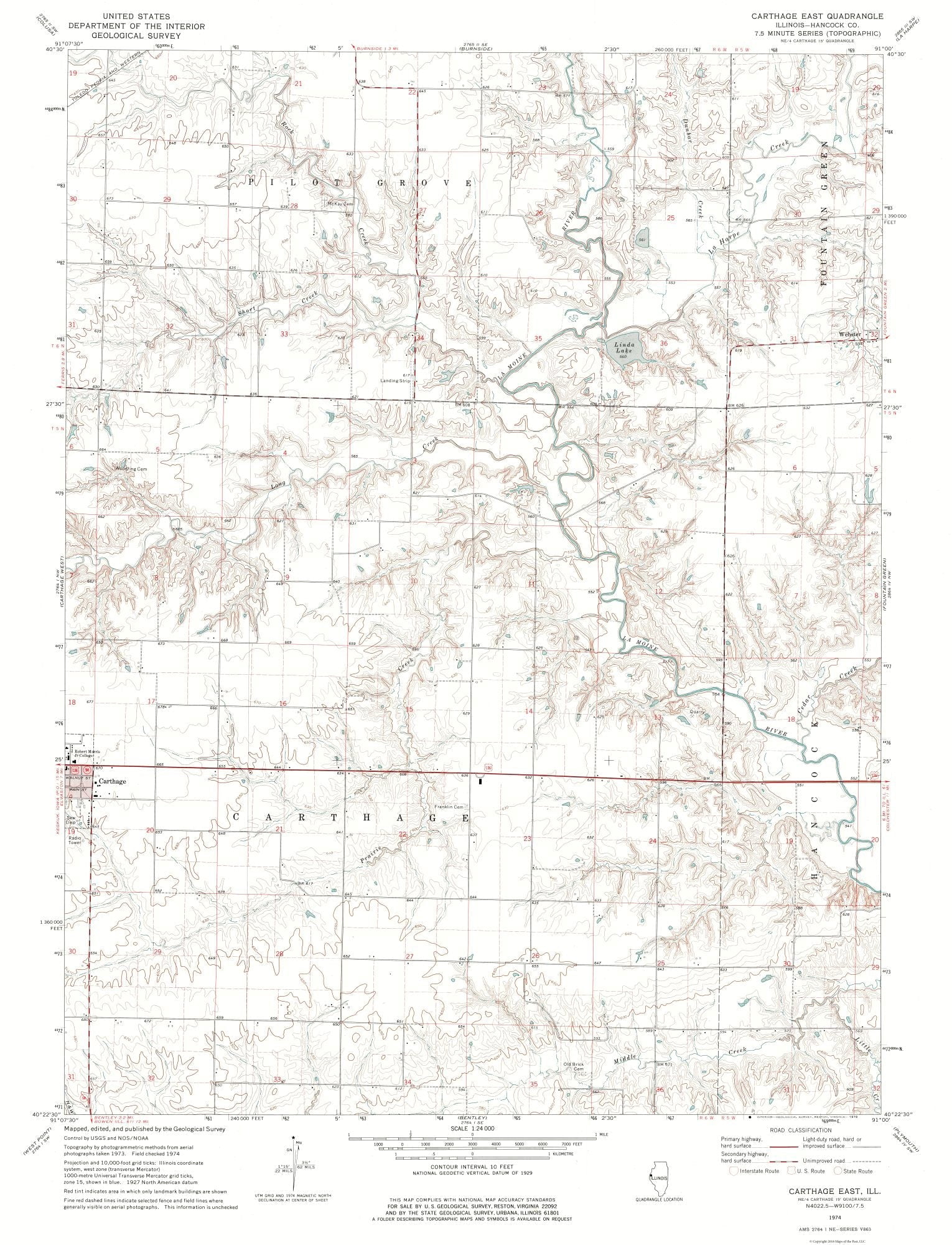 Topographical Map - Carthage East Illinois Quad - USGS 1974 - 23 x 30. ...