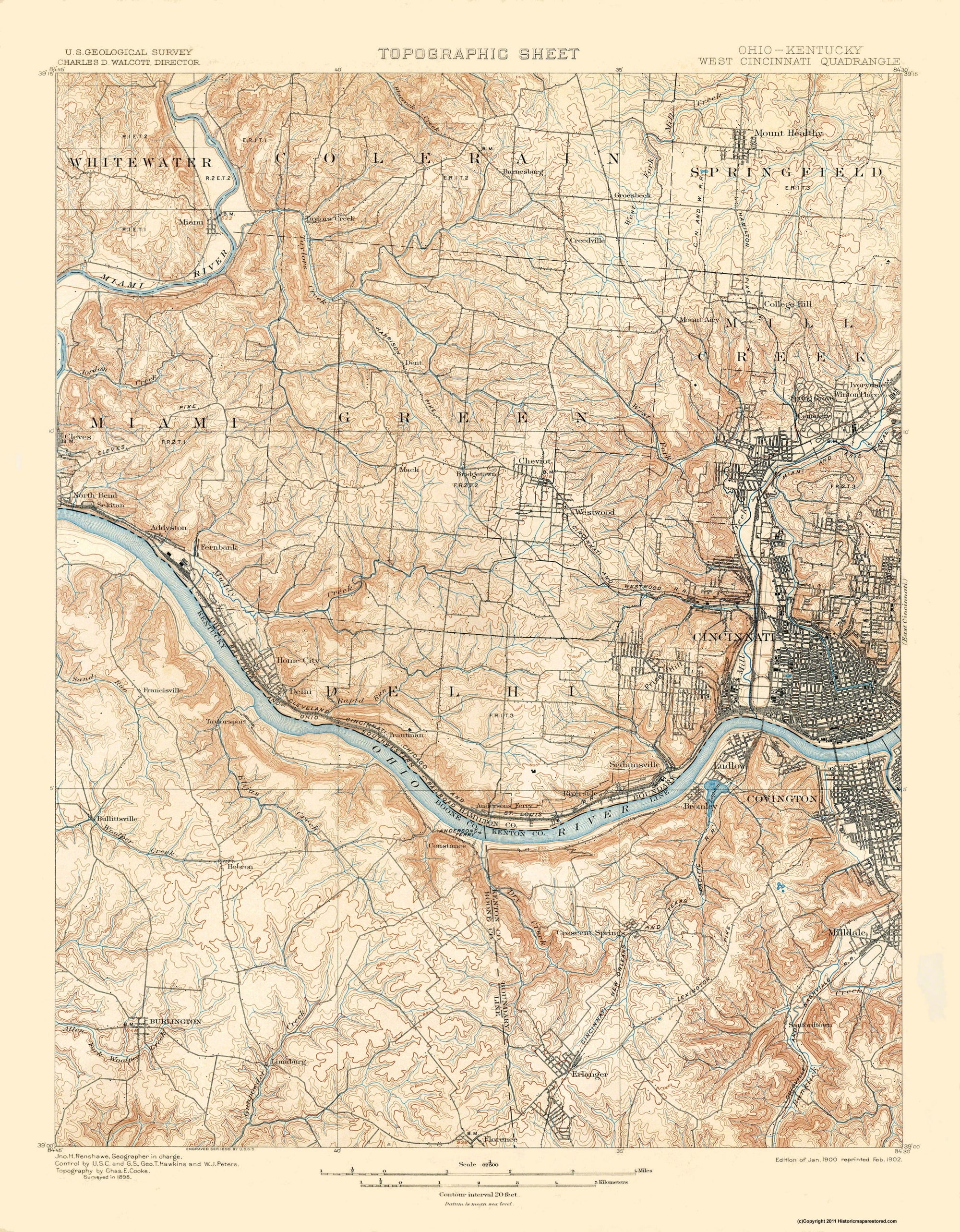 Topographical Map - Cincinnati West Ohio Kentucky Quad - USGS 1900 - 23 x 29.51 - Vintage Wall ...