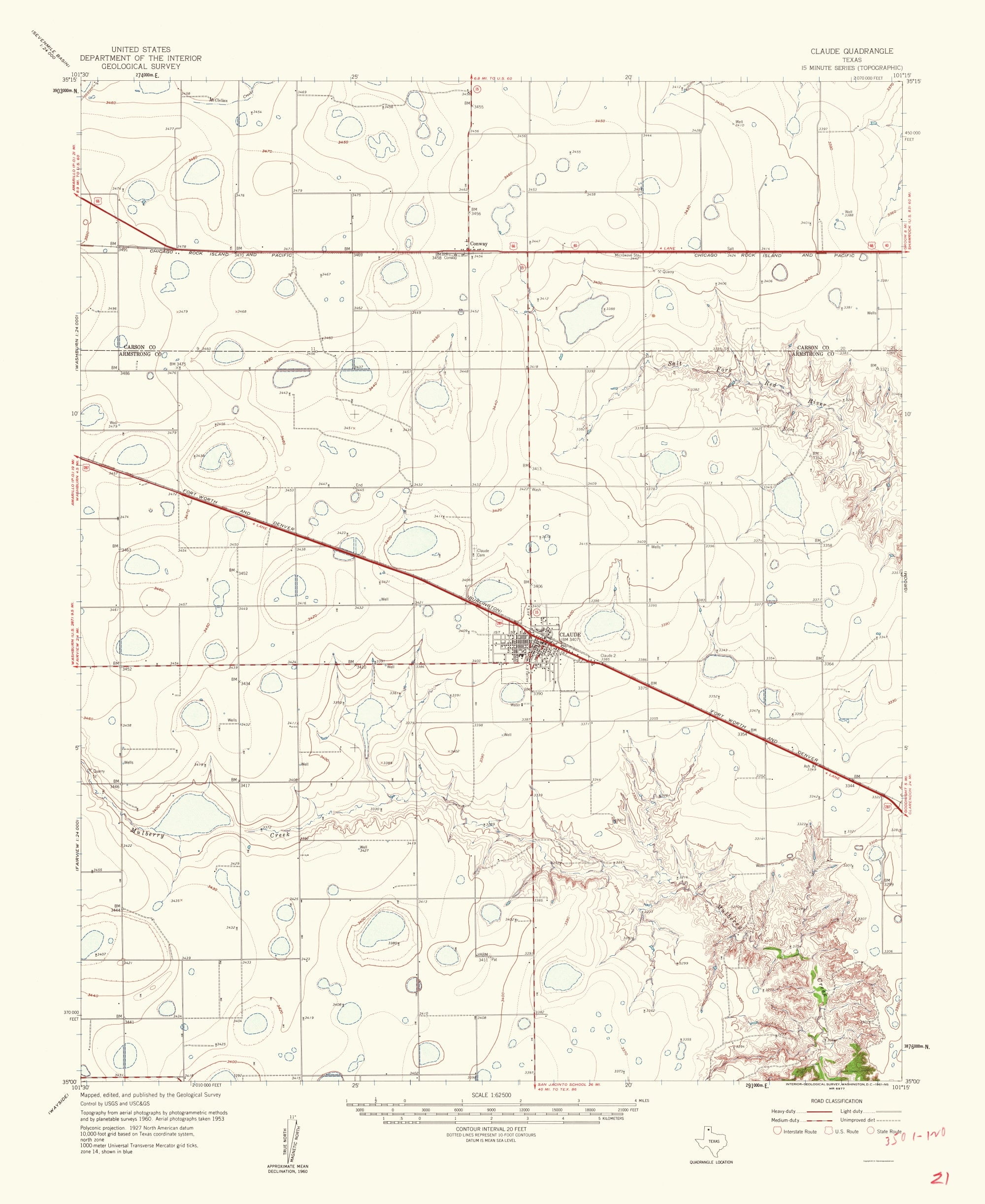 Topographical Map - Claude Texas Quad - USGS 1961 - 23 x 28.10 ...