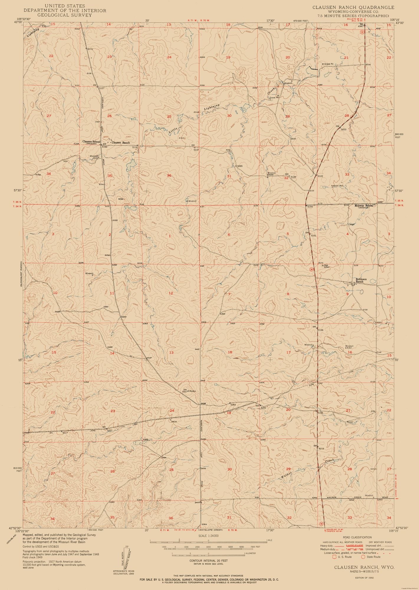 Topographical Map - Clausen Ranch Wyoming Quad - USGS 1950 - 23 x 32.37 ...