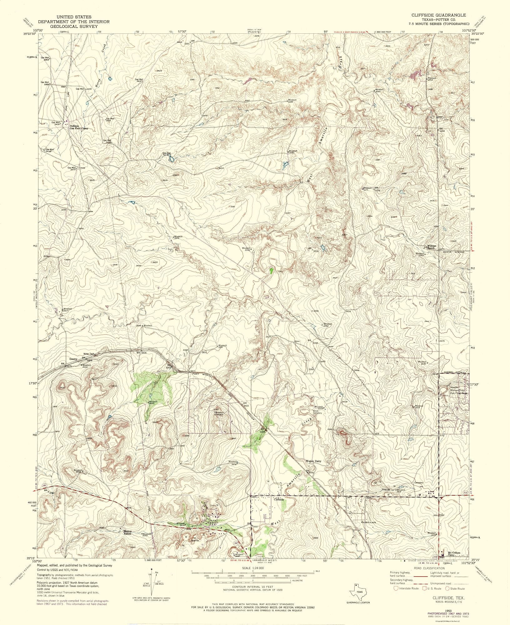 Topographical Map - Cliffside Texas Quad - USGS 1973 - 23 x 28.20 ...