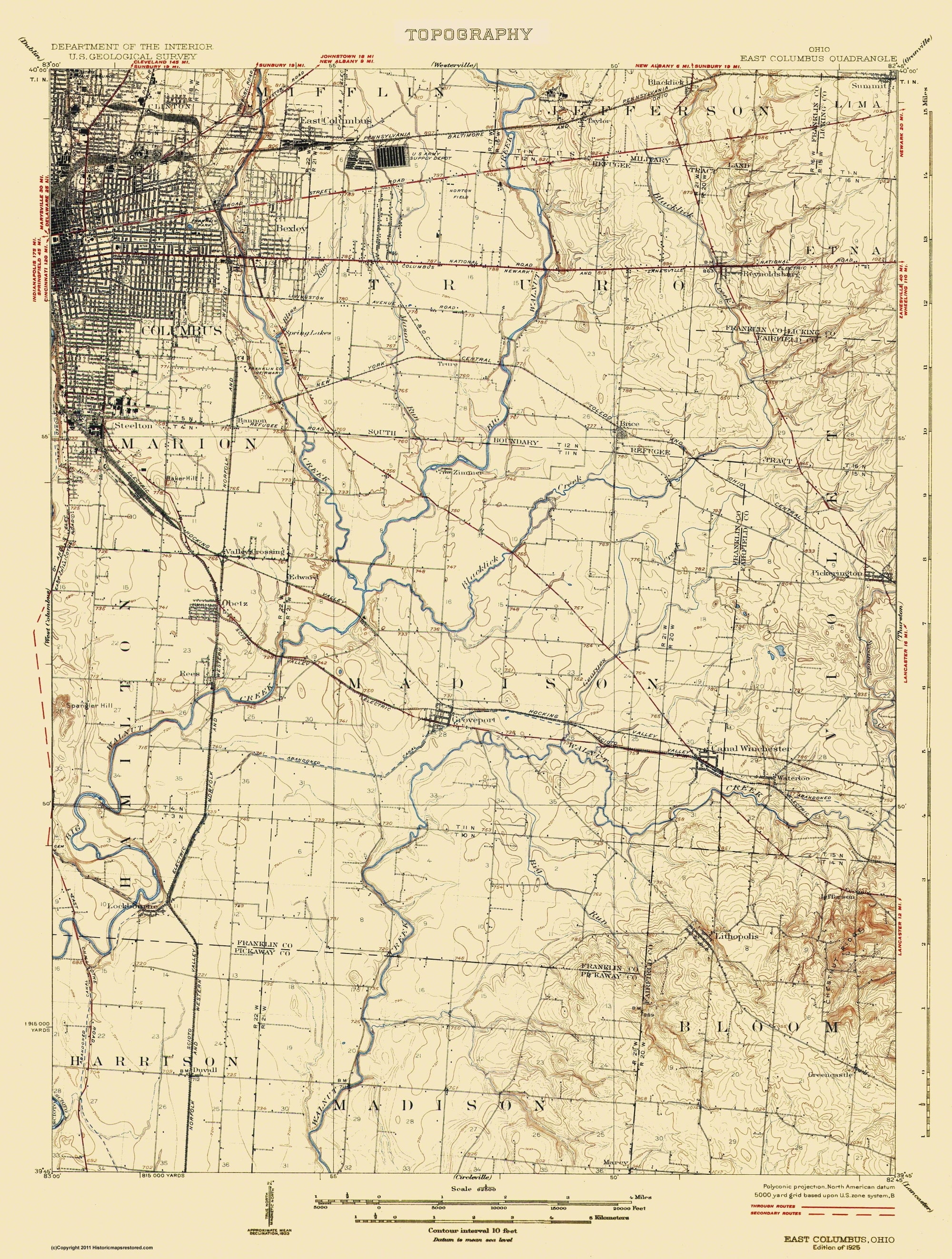 Topographical Map - Coloumbus East Ohio Quad - USGS 1925 - 23 x 30.44 ...
