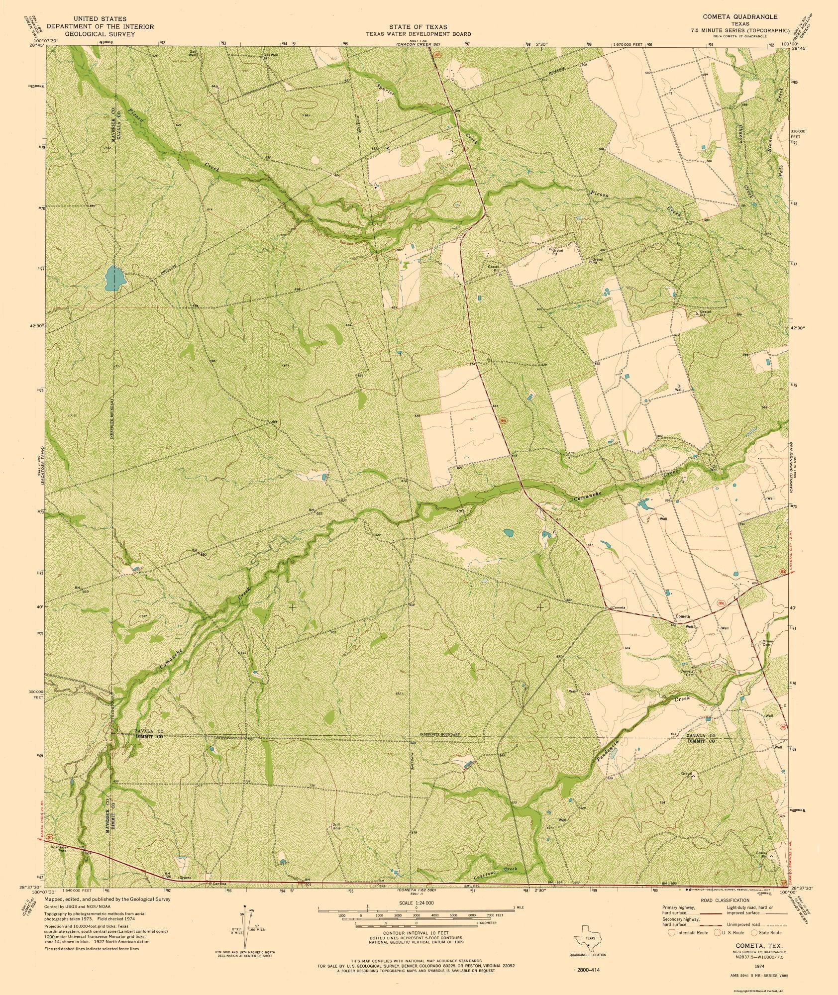 Topographical Map - Cometa Texas Quad - USGS 1974 - 23 x 27.32 ...