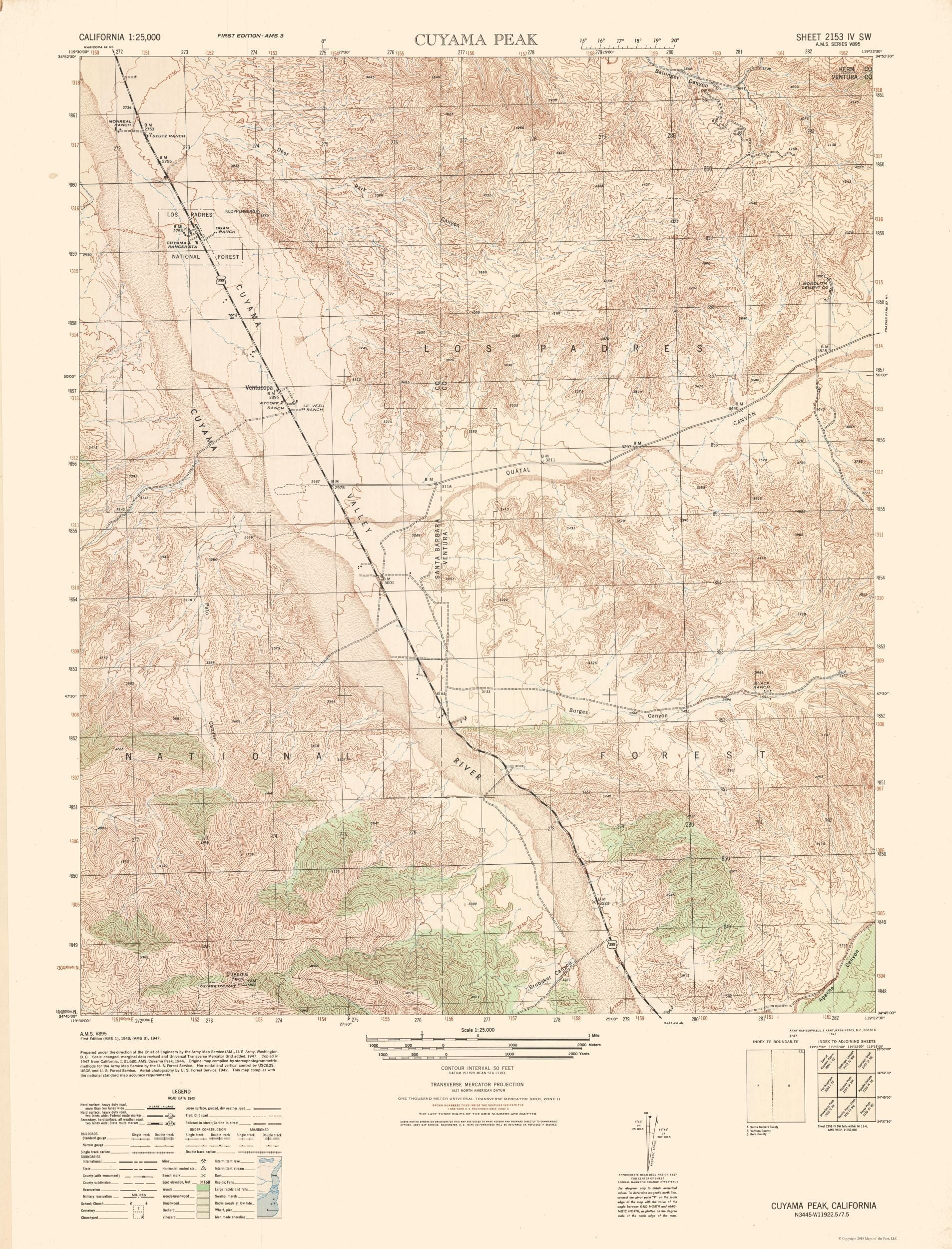 Topographical Map - Cuyama Peak Sheet - US Army 1943 - 23 x 30.17 ...