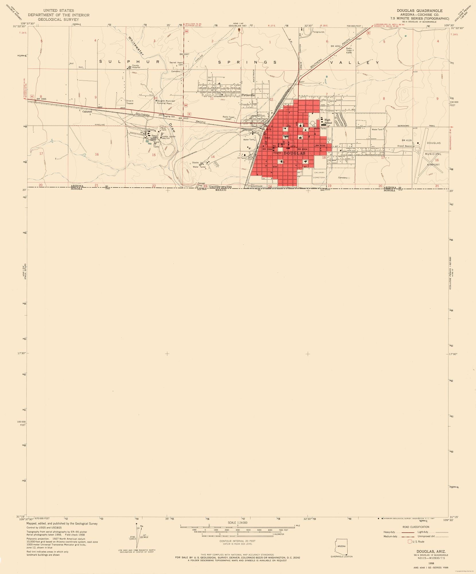 Topographical Map - Douglas Arizona Quad - USGS 1958 - 23 x 27.69 ...