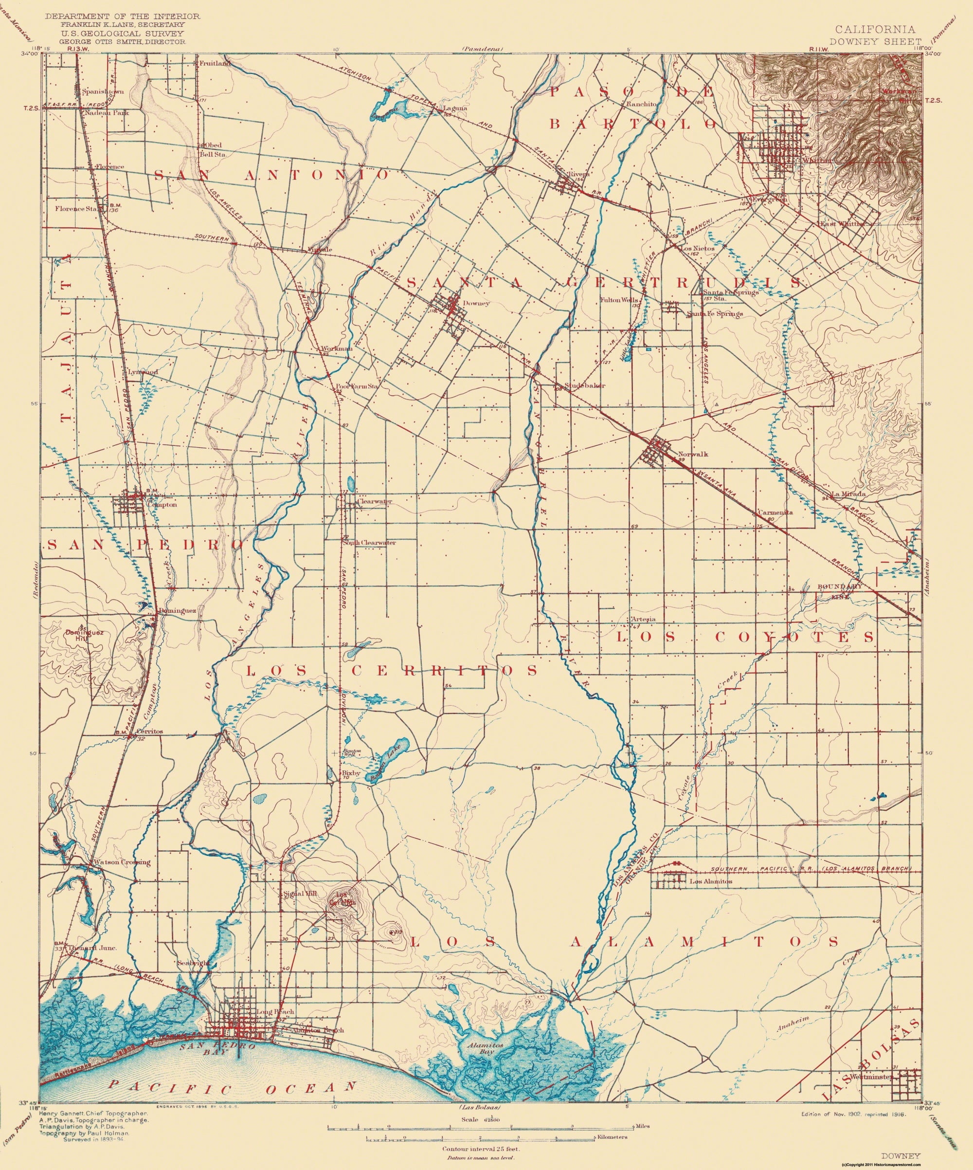 Topographical Map - Downey California Sheet - USGS 1902 - 23 x 27.63 ...