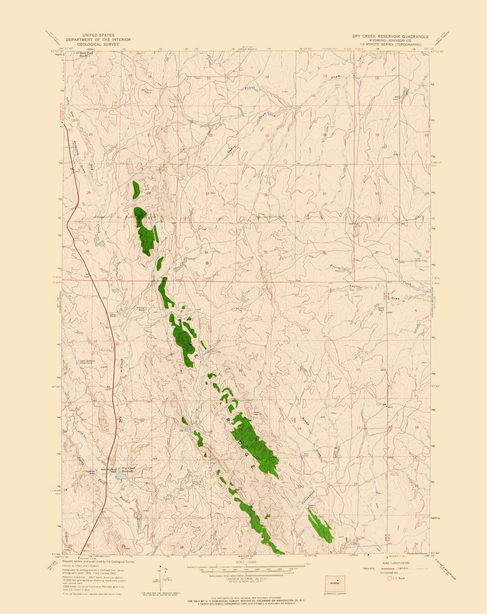 Topographical Map - Dry Creek Reservoir Wyoming Quad - USGS 1961 - 23 x ...