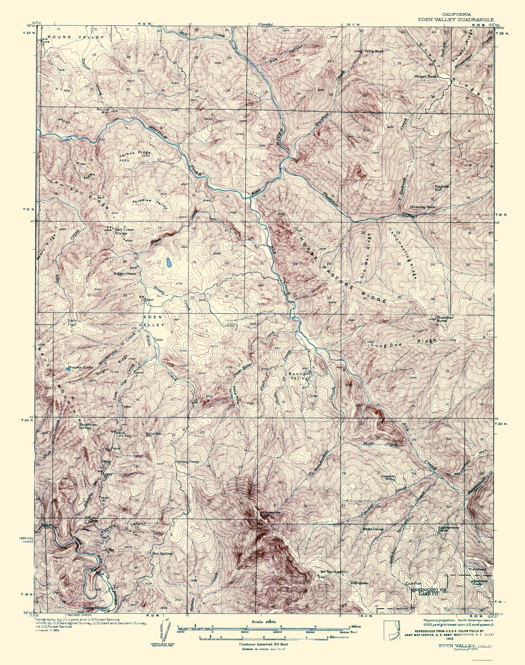Topographical Map - Eden Valley California Quad - USGS 1928 - 23 x 29. ...