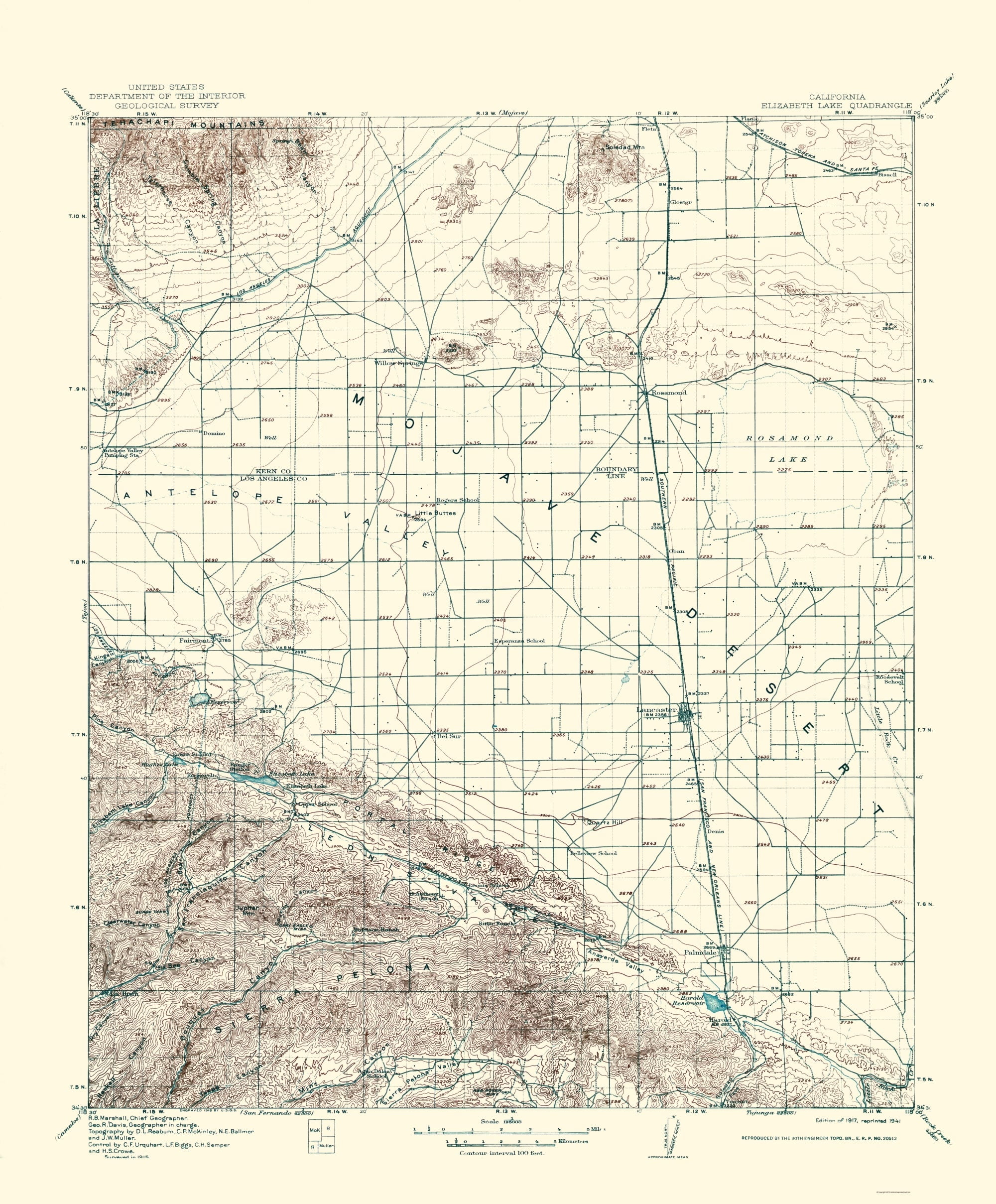 Topographical Map - Elizabeth Lake California Quad - USGS 1917 - 23 x ...