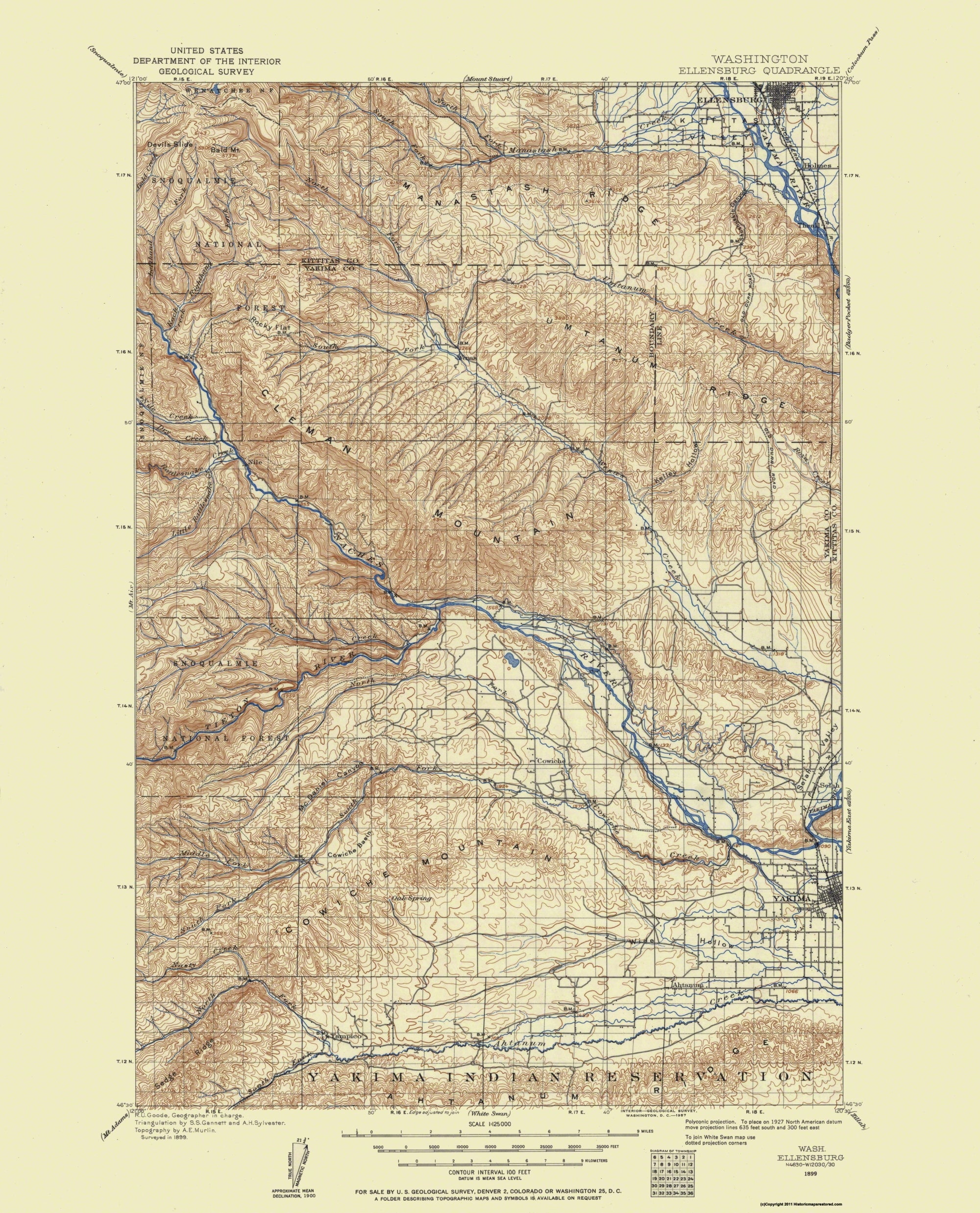 Topographical Map - Ellensburg Washington Quad - USGS 1899 - 23 x 28.45 ...
