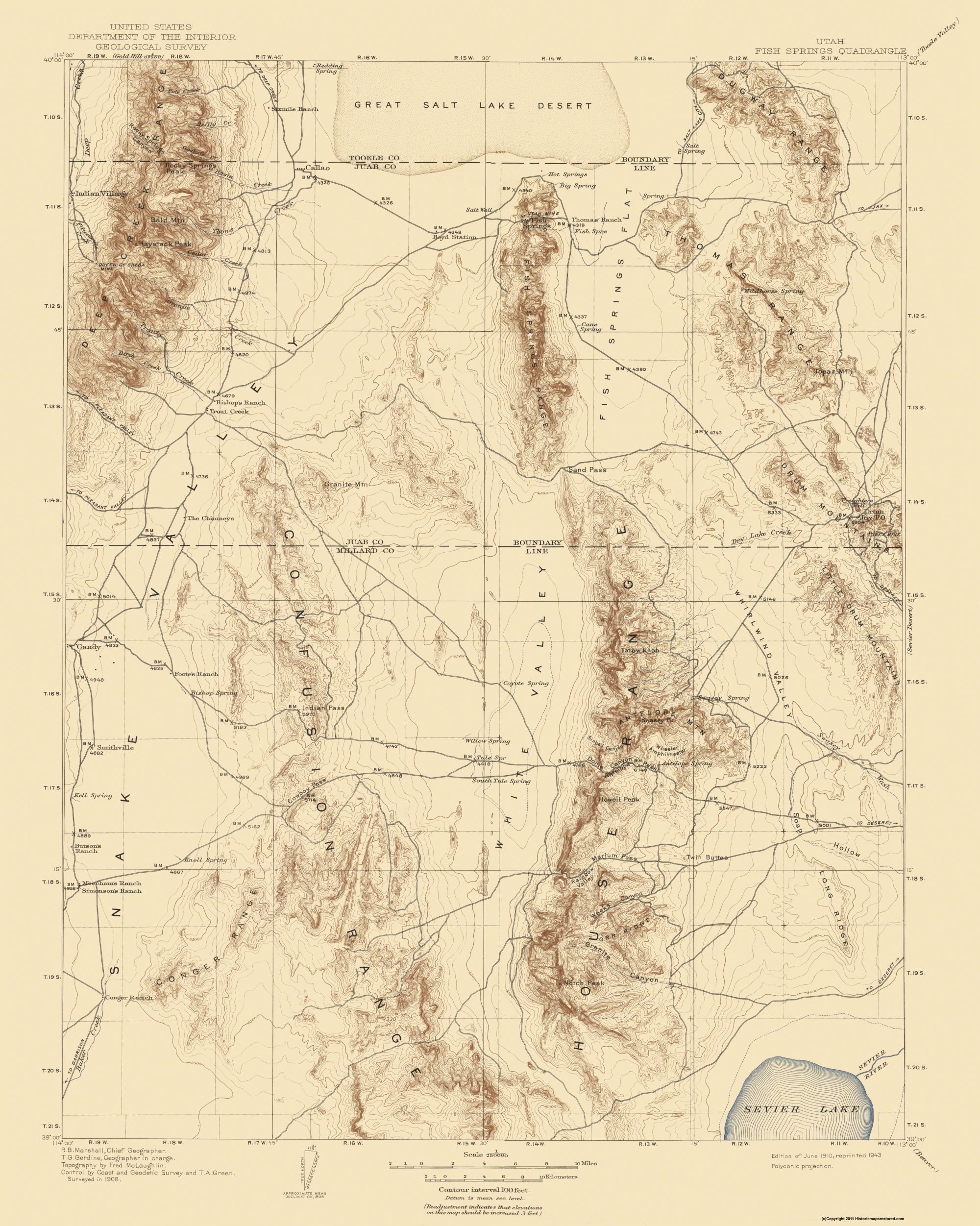 Topographical Map - Fish Springs Utah Quad - USGS 1910 - 23 x 28.77 ...