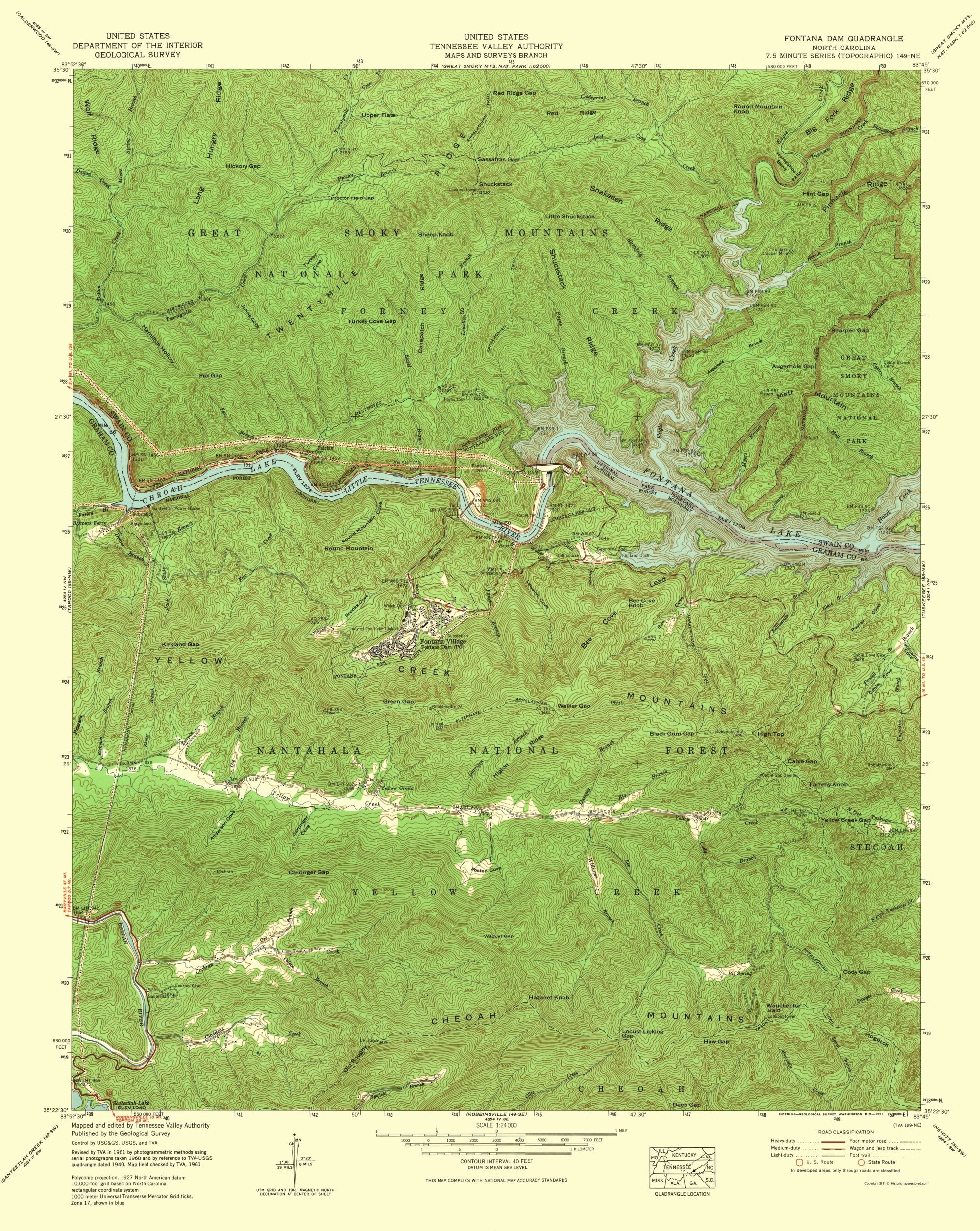 Topographical Map - Fontana Dam North Carolina Quad - USGS 1935 - 23 x ...