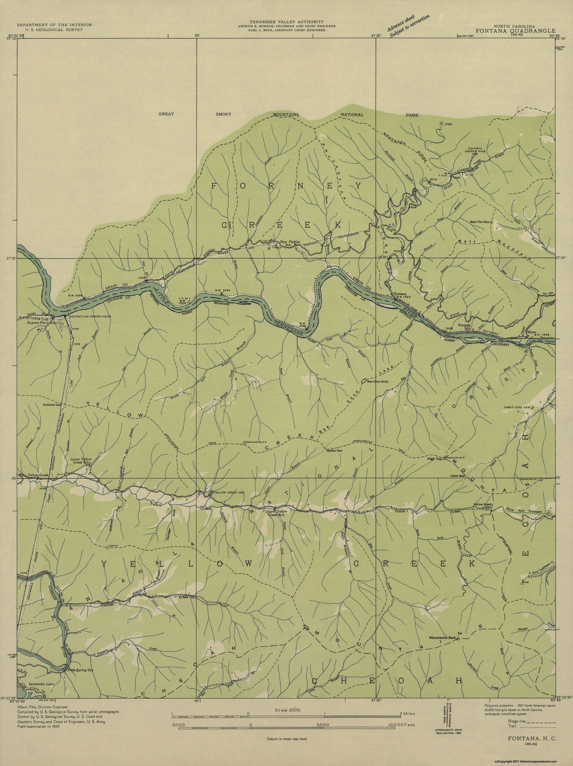 Topographical Map - Fontana North Carolina Quad - USGS 1935 - 23 x 30. ...