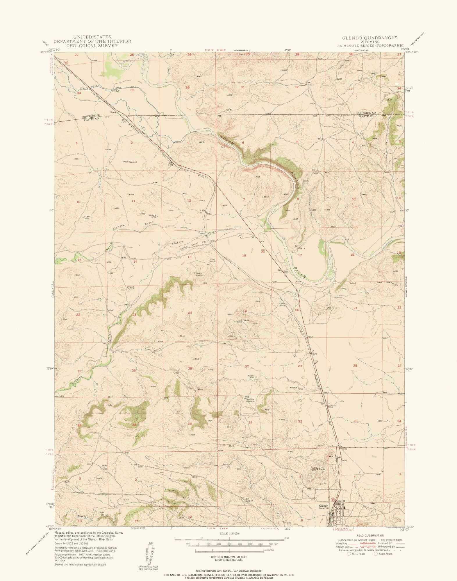 Topographical Map - Glendo Wyoming Quad - USGS 1949 - 23 x 29.26 ...