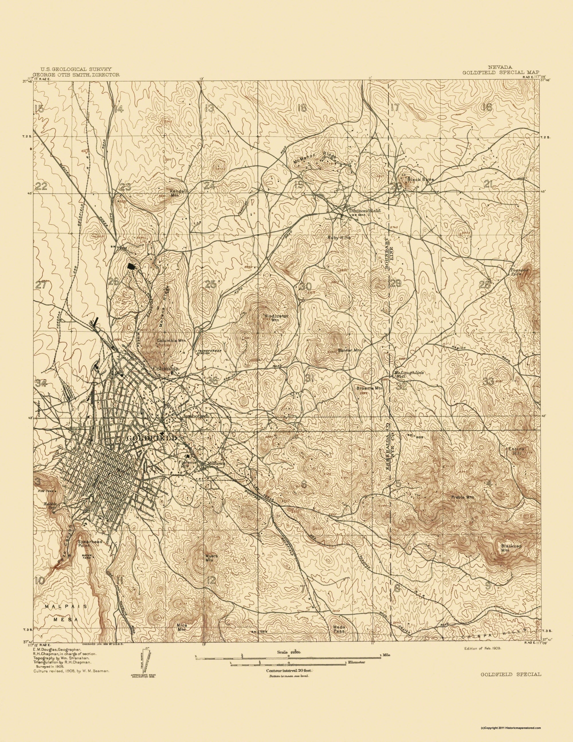 Topographical Map - Goldfield Special Nevada Quad - USGS 1909 - 23 x 29.77 - Vintage Wall Art ...