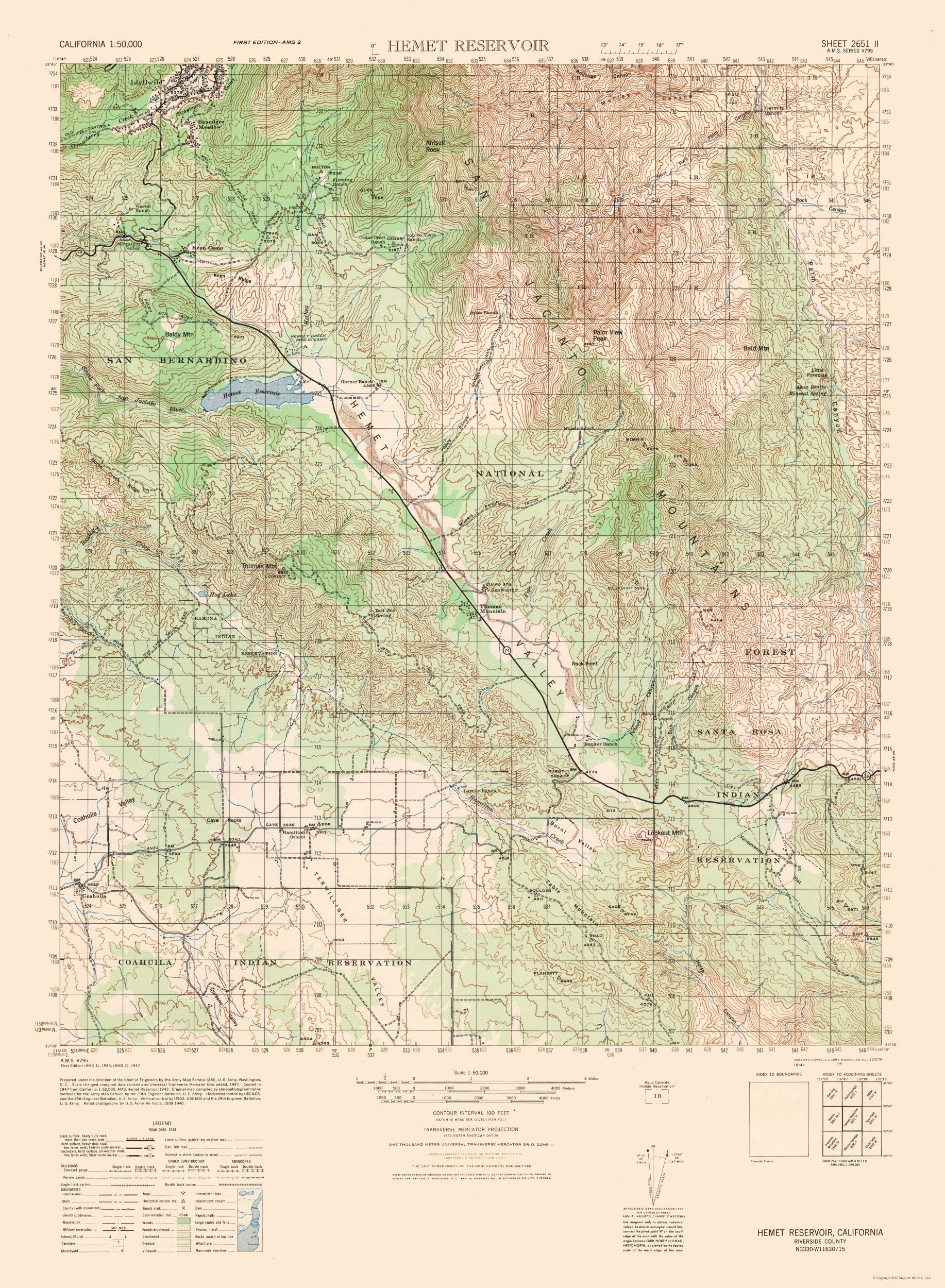 Topographical Map - Hemet Reservoir Sheet - US Army 1943 - 23 x 31.35 ...