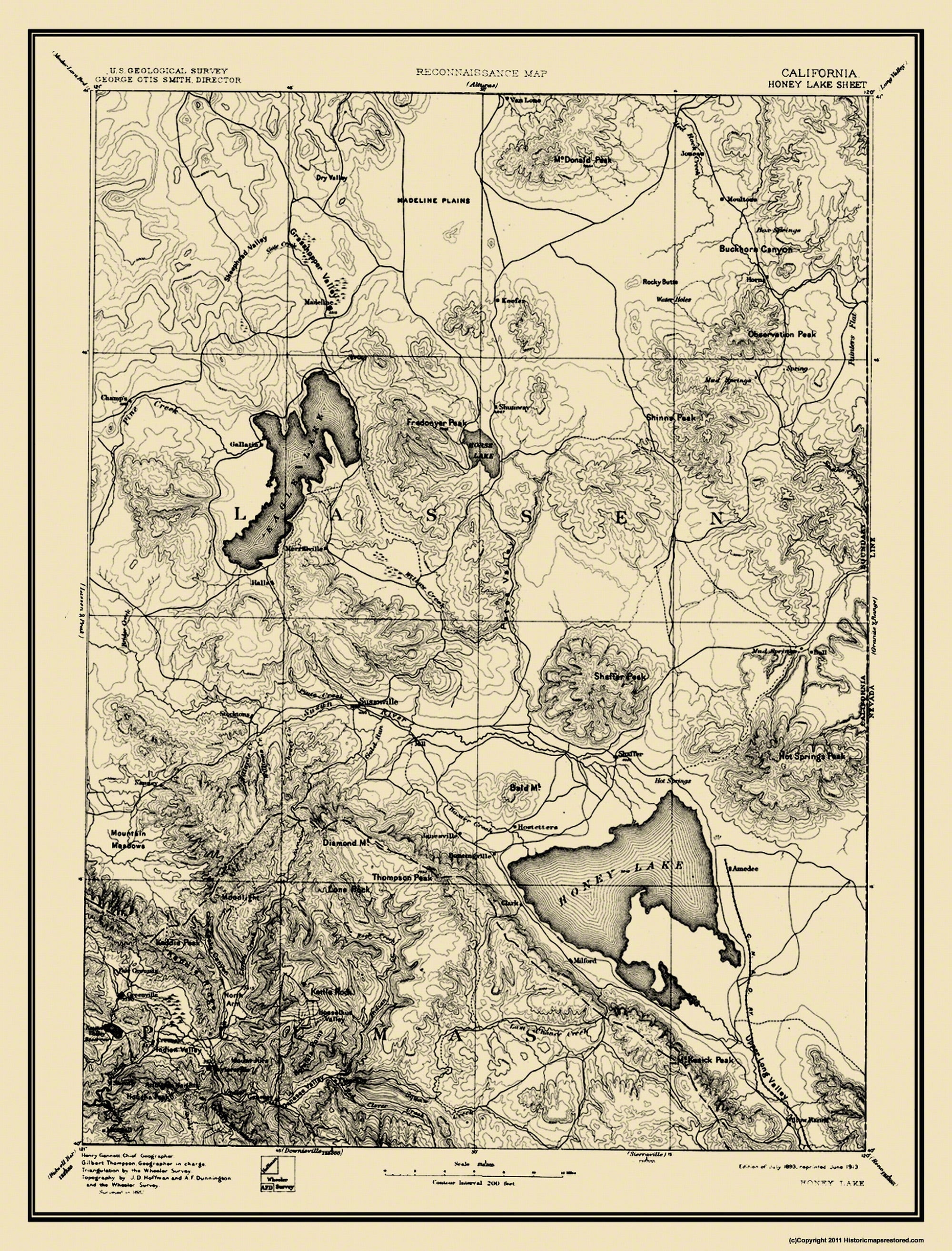 Topographical Map - Honey Lake California Sheet - USGS 1893 - 23 x 30. ...