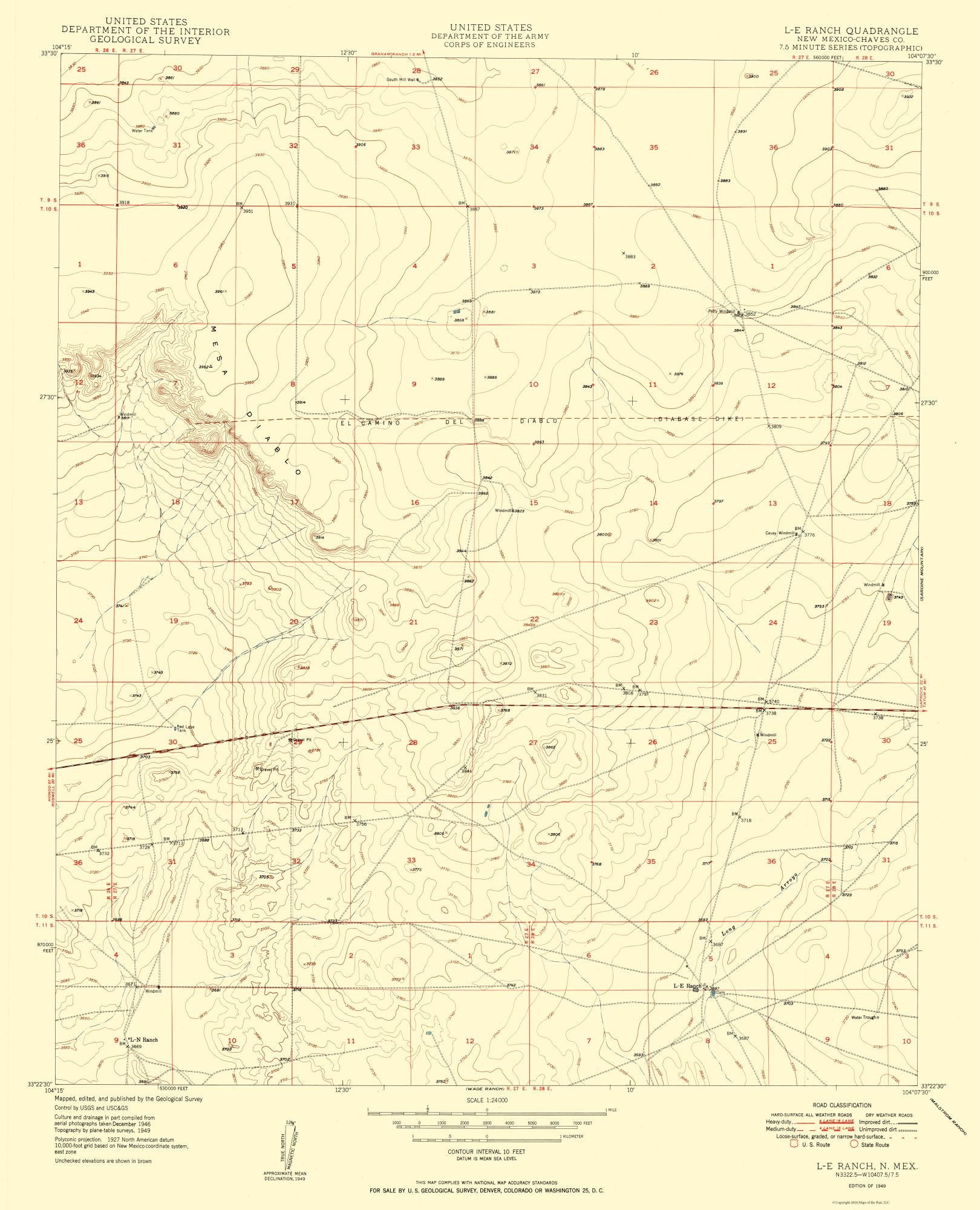 Topographical Map - LE Ranch Chaves County New Mexico Quad - USGS 1949 ...