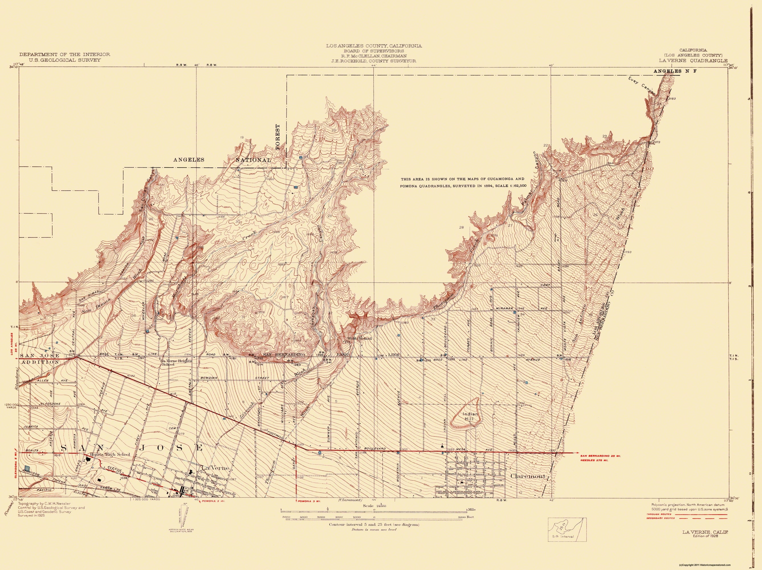 Topographical Map - La Vern California Quad - USGS 1928 - 30.81 x 23 ...
