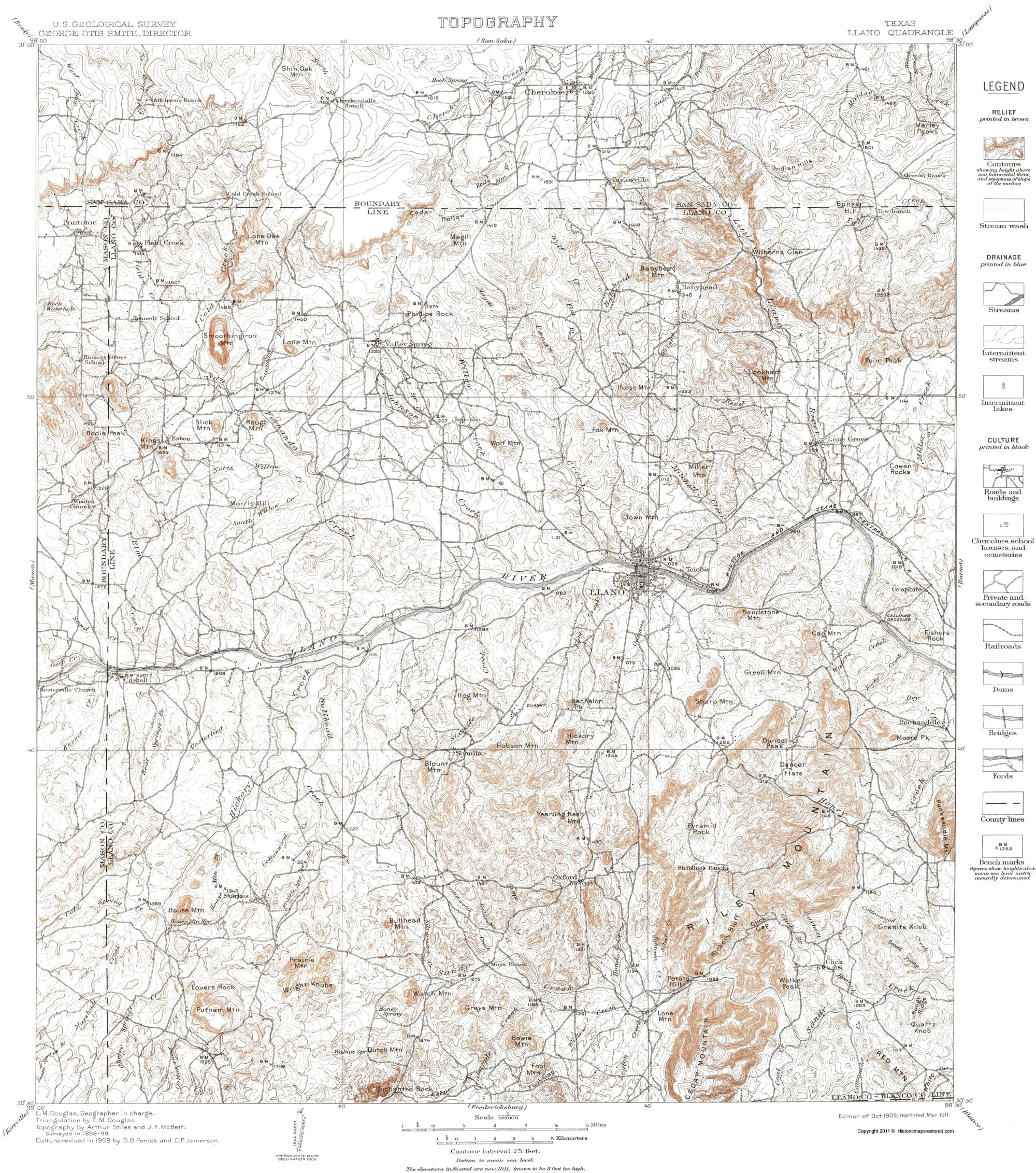 Topographical Map - Llano Texas Quad - USGS 1901 - 23 x 26.02 - Vintage ...