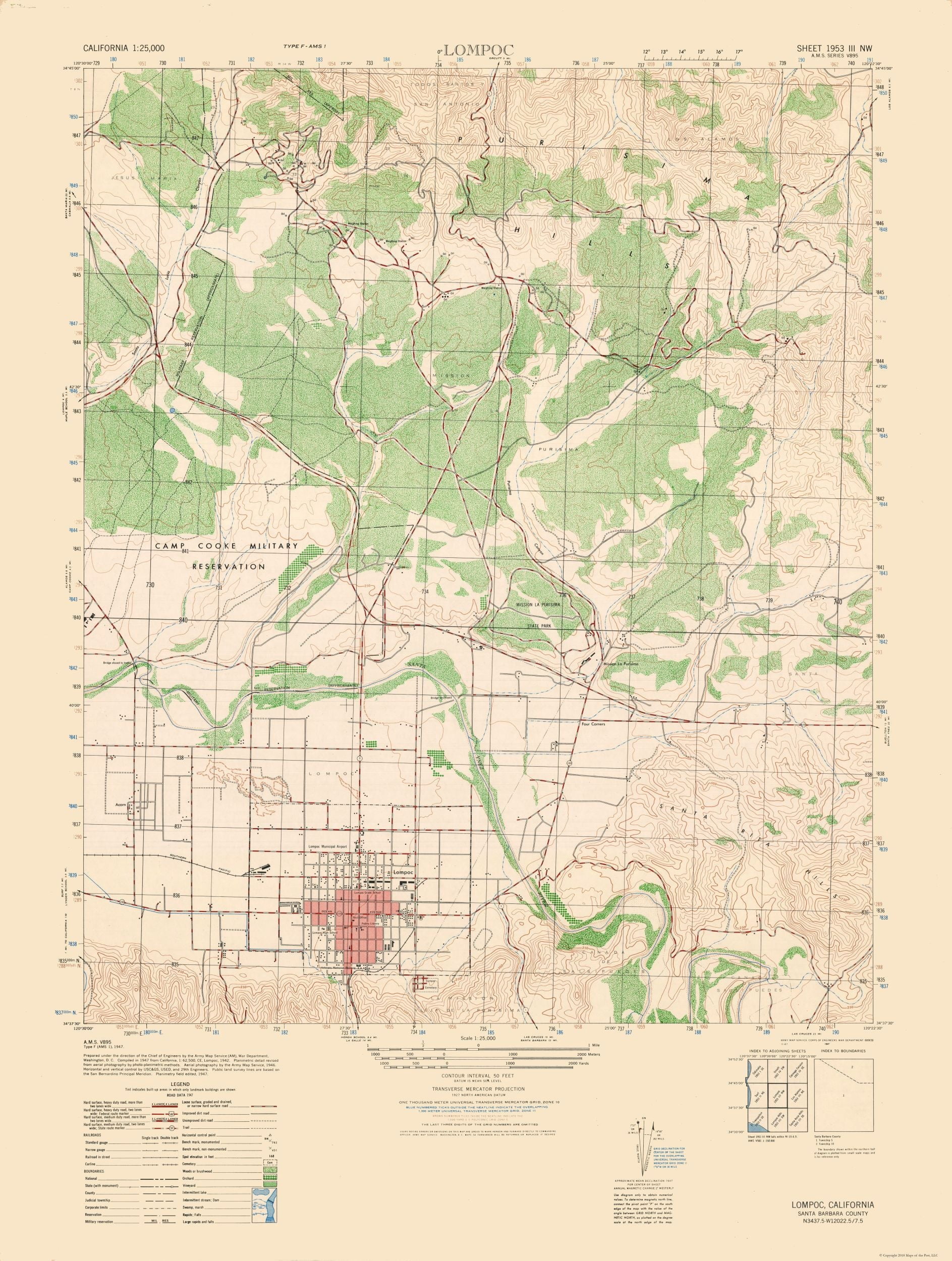 Topographical Map - Lompoc Sheet - US Army 1947 - 23 x 30.47 - Vintage ...