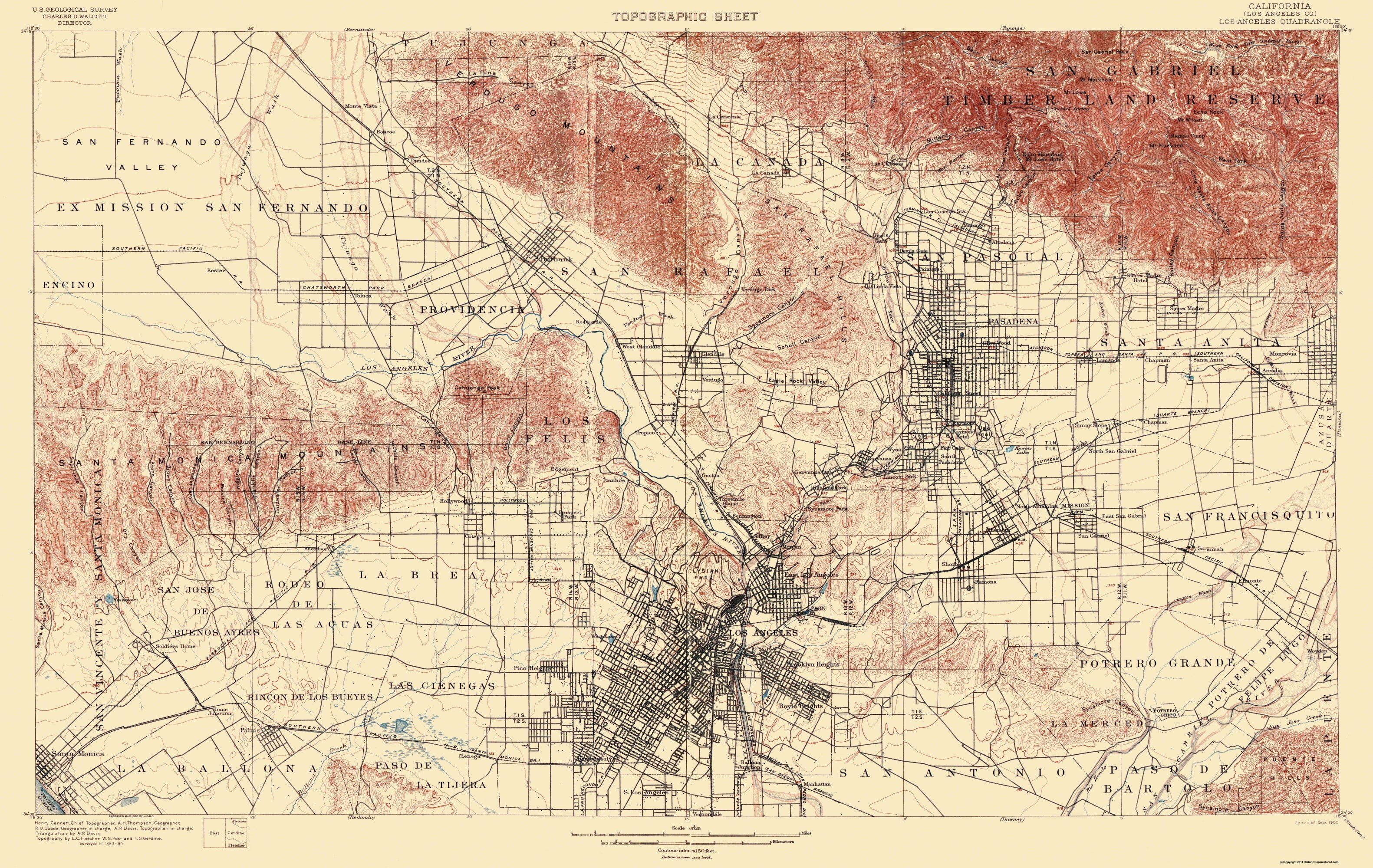 Topographical Map - Los Angeles California Quad - USGS 1900 - 36.38 x 23 - Vintage Wall Art ...