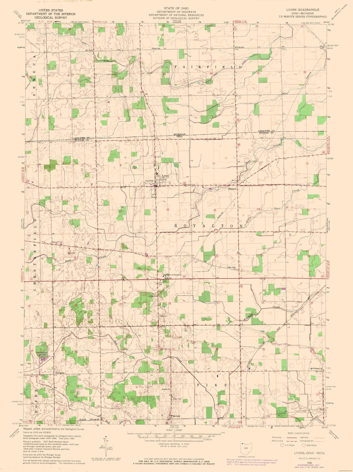Topographical Map - Lyons Ohio Quad - USGS 1960 - 23 x 30.78 - Vintage ...