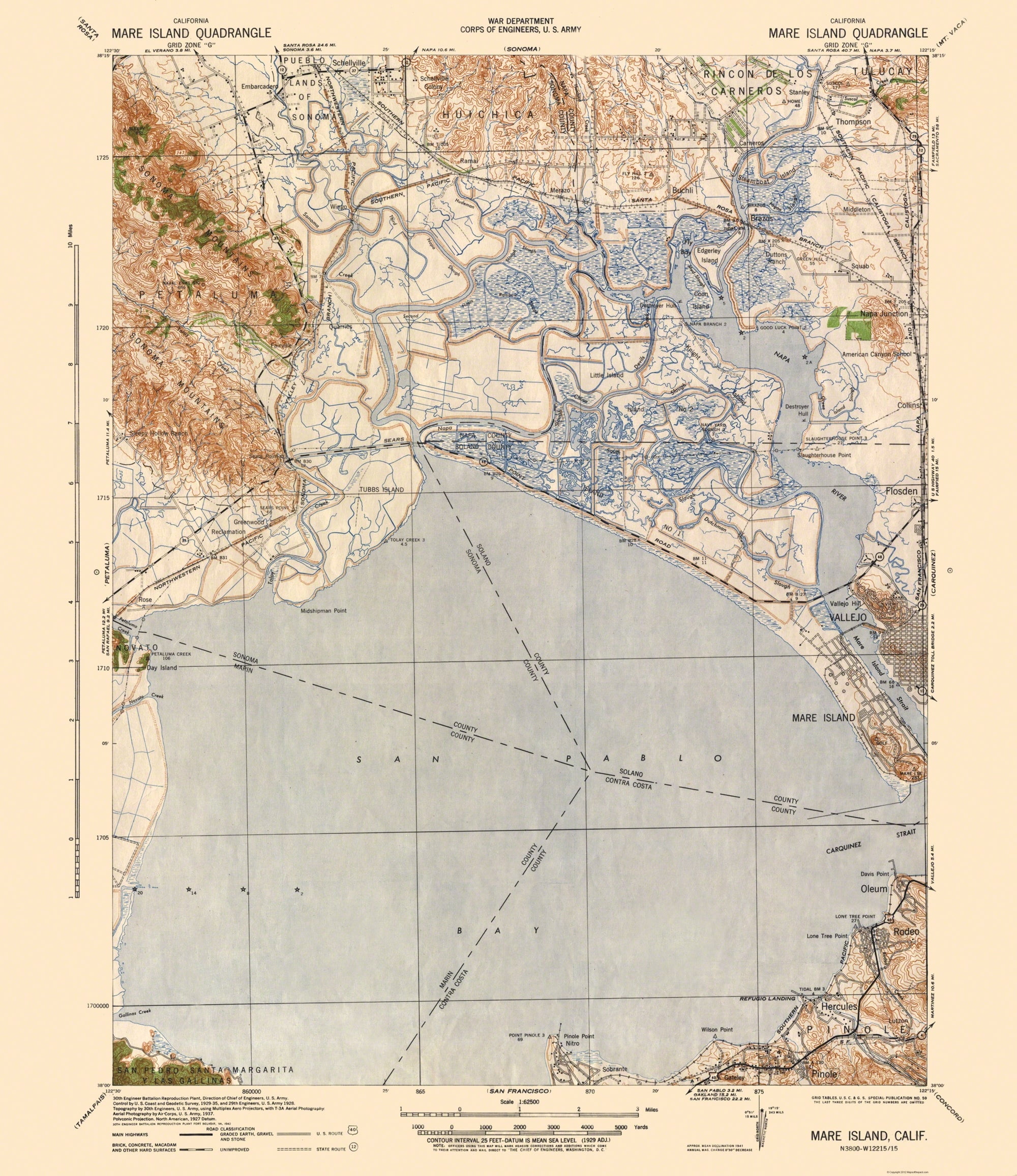 Topographical Map - Mare Island California Quad - US Army 1942 - 23 x ...
