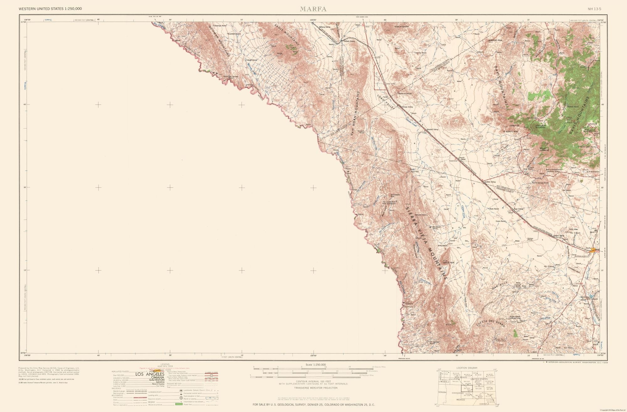Topographical Map - Marfa Texas Quad - USGS 1959 - 34.94 x 23 - Vintage ...