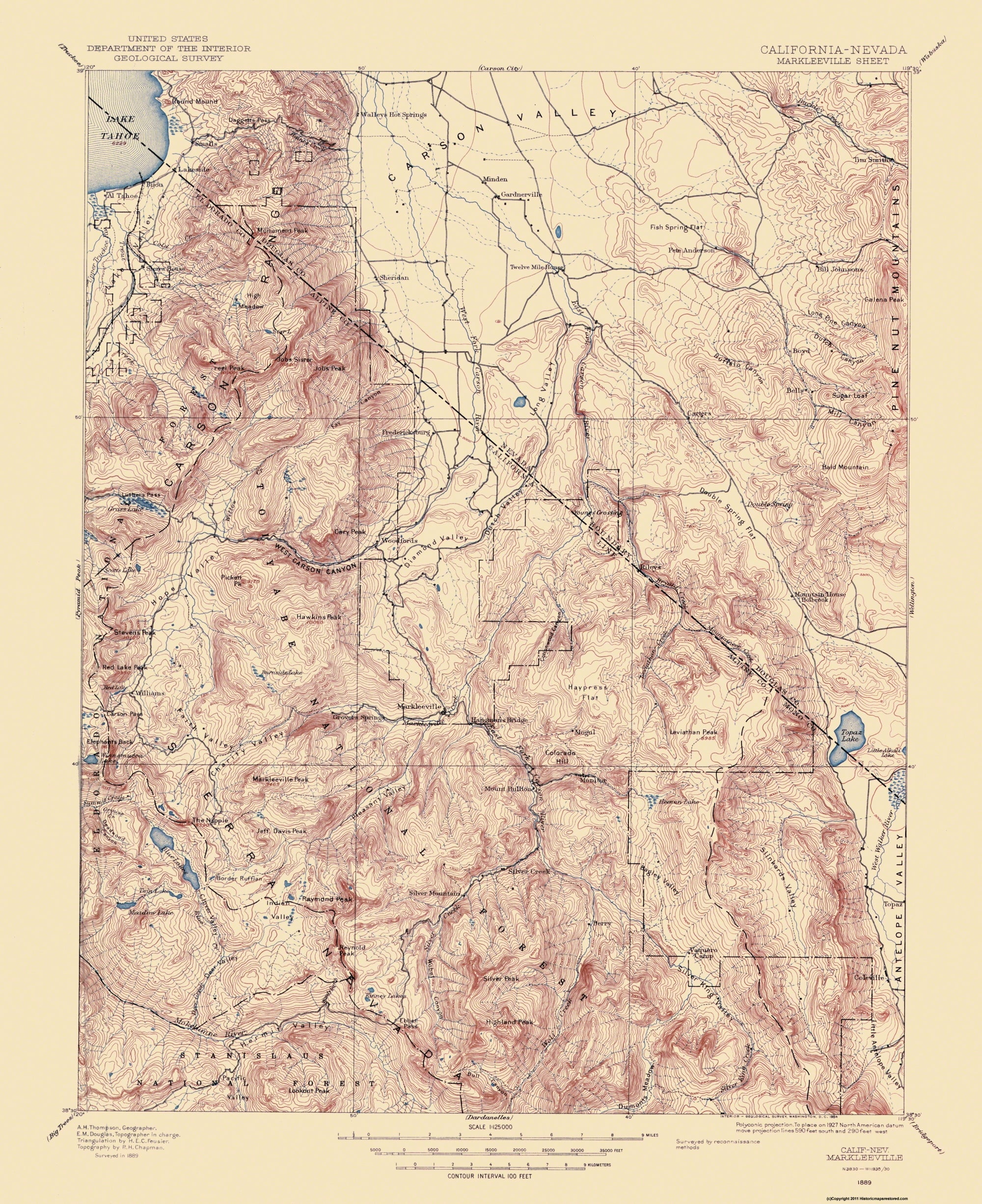 Topographical Map - Markleeville California Nevada Sheet - USGS 1889 ...