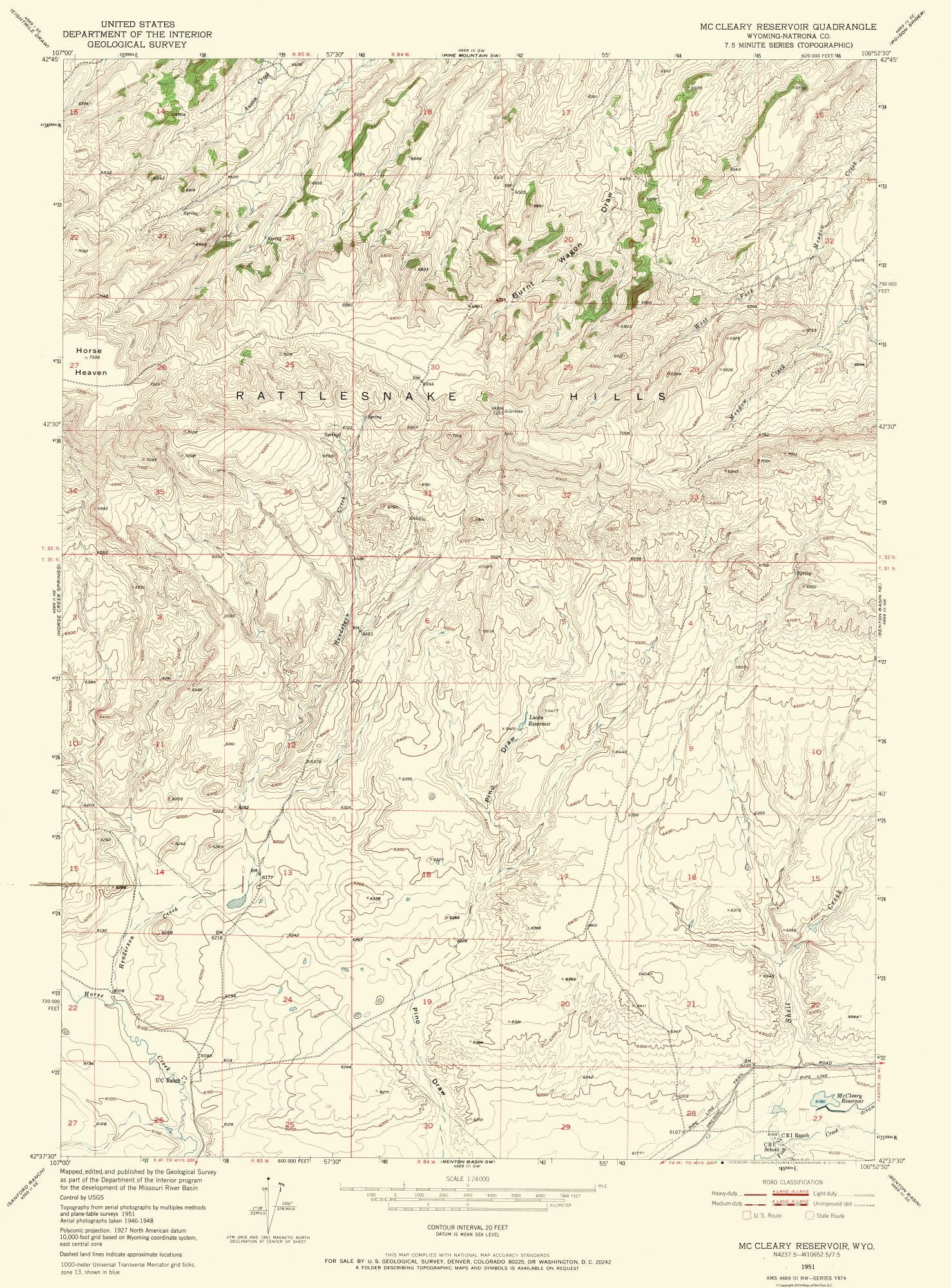 Topographical Map - Mc Cleary Reservoir Wyoming Quad - USGS 1951 - 23 x ...