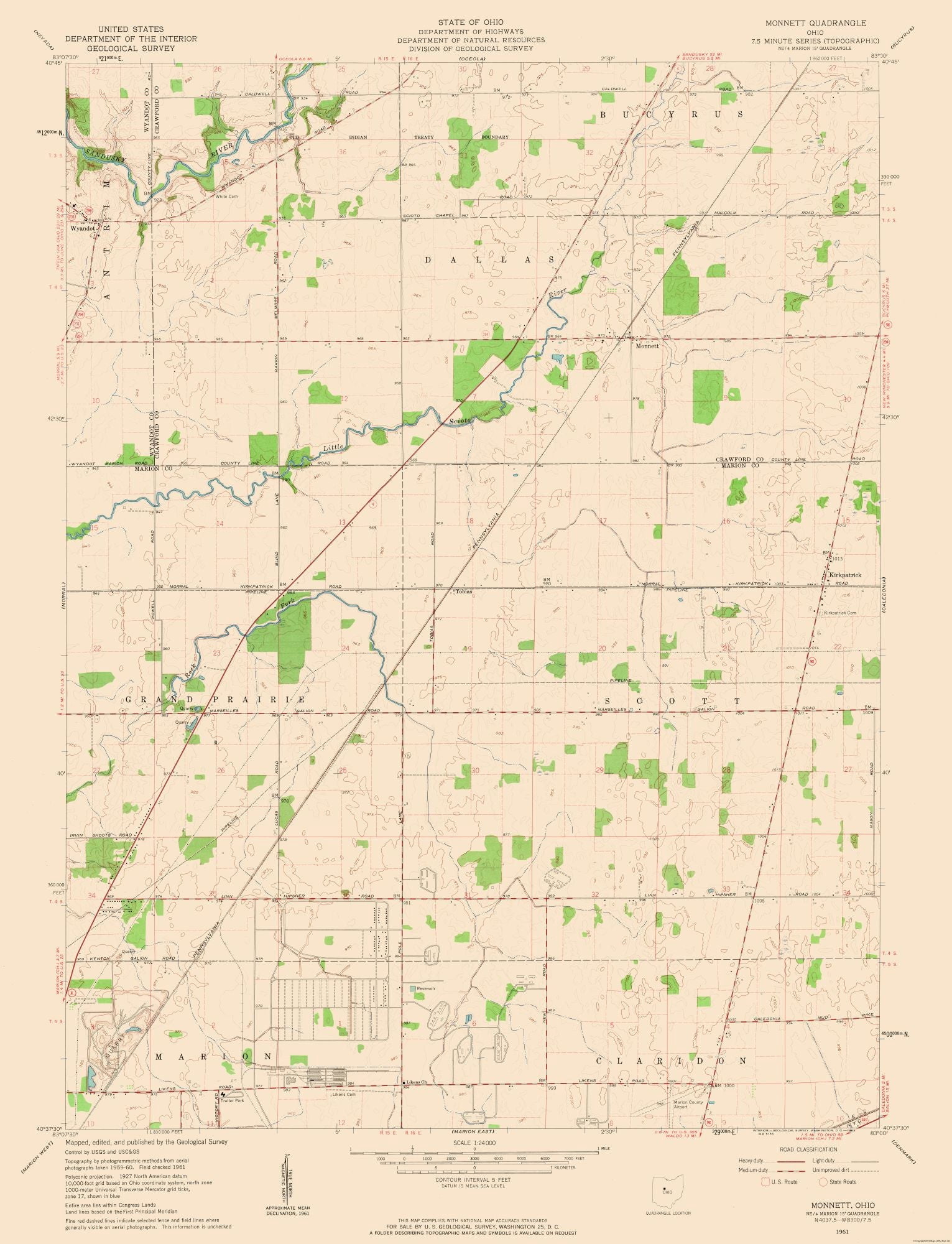 Topographical Map - Monnett Ohio Quad - USGS 1961 - 23 x 30.05 ...
