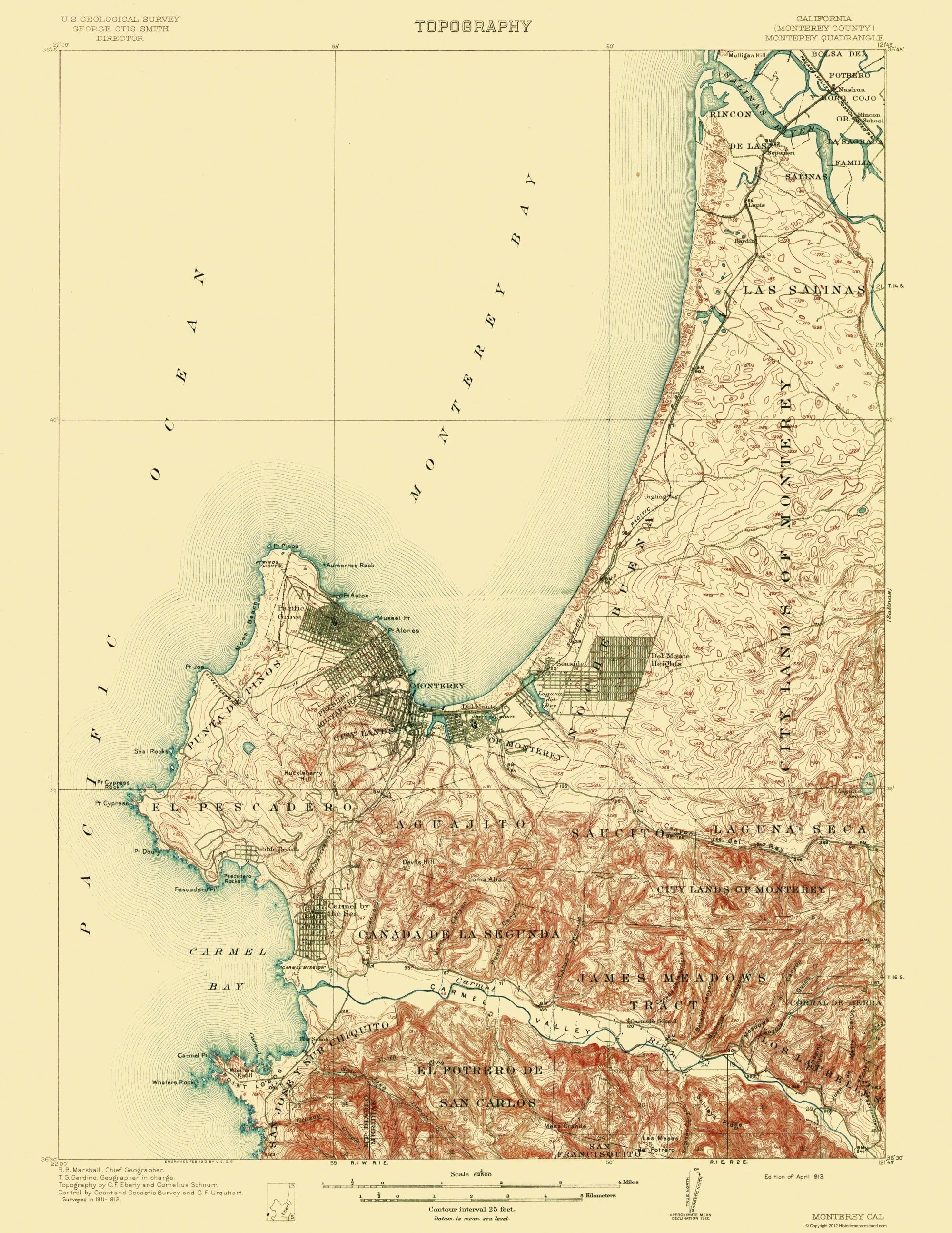 Topographical Map - Monterey California Quad - USGS 1913 - 23 x 29.76 ...