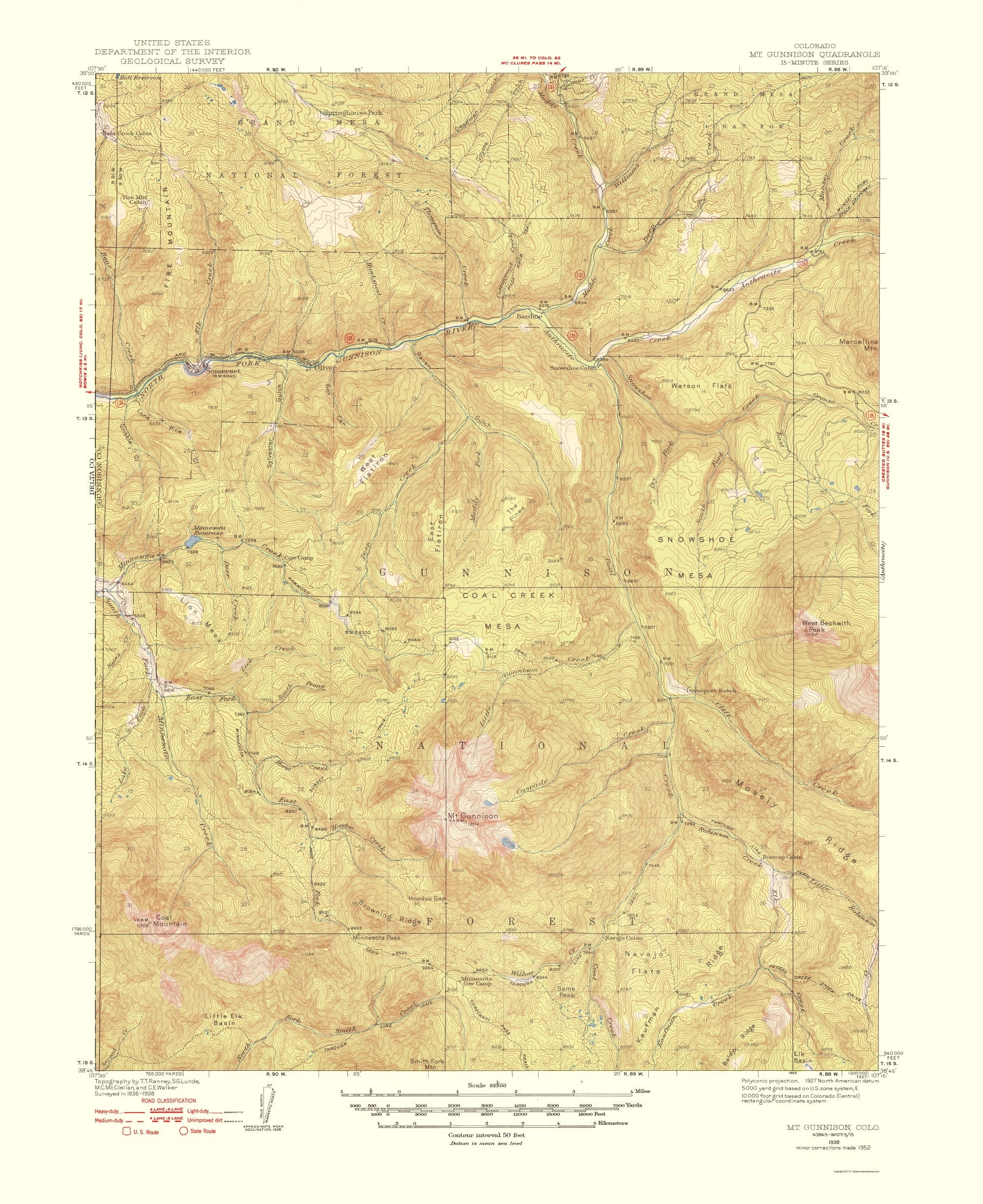 Topographical Map - Mt Gunnison Colorado Quad - USGS 1952 - 23 x 28.16 ...