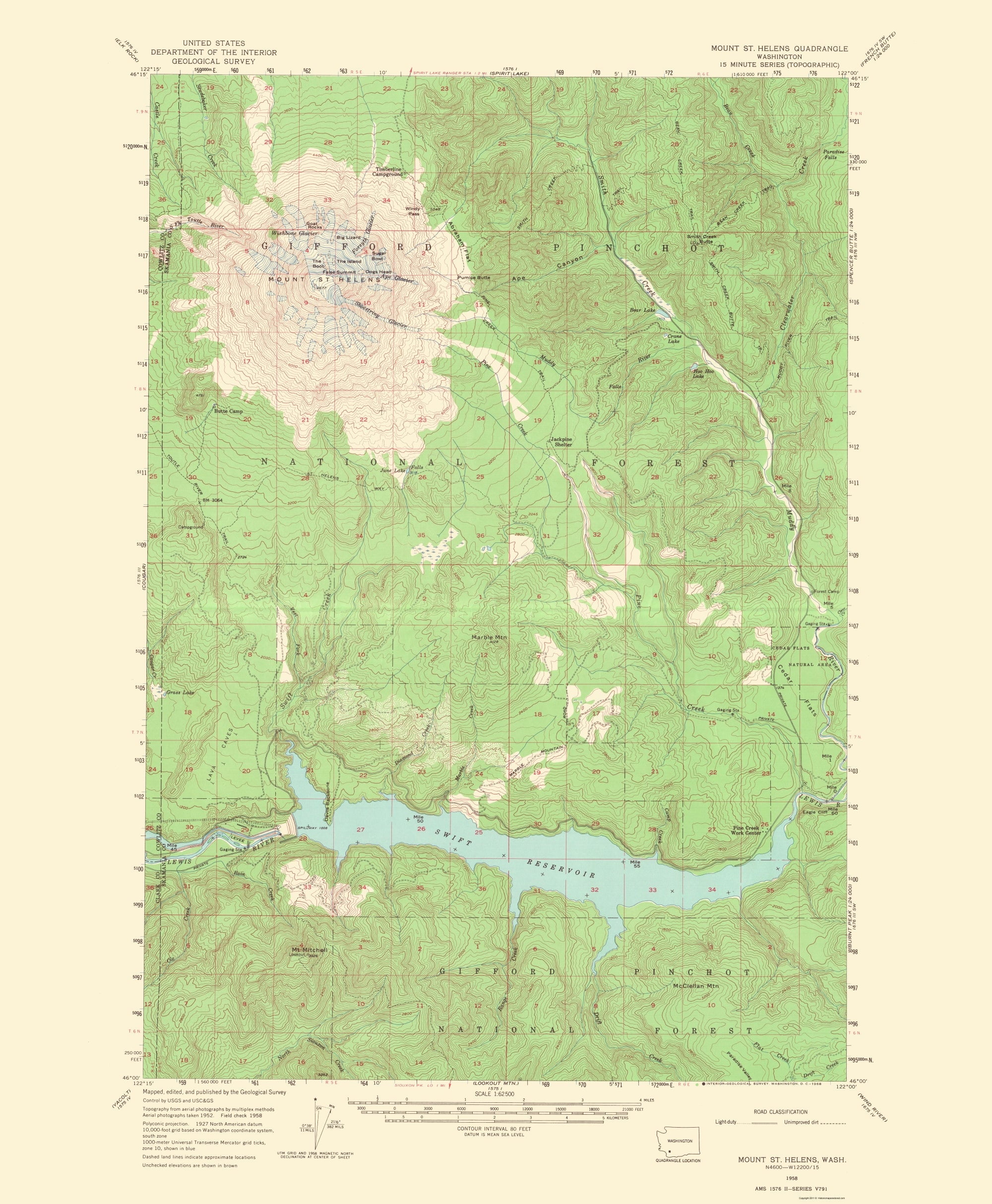 Topographical Map - Mt St Helens Washington Quad - USGS 1968 - 23 x 27. ...