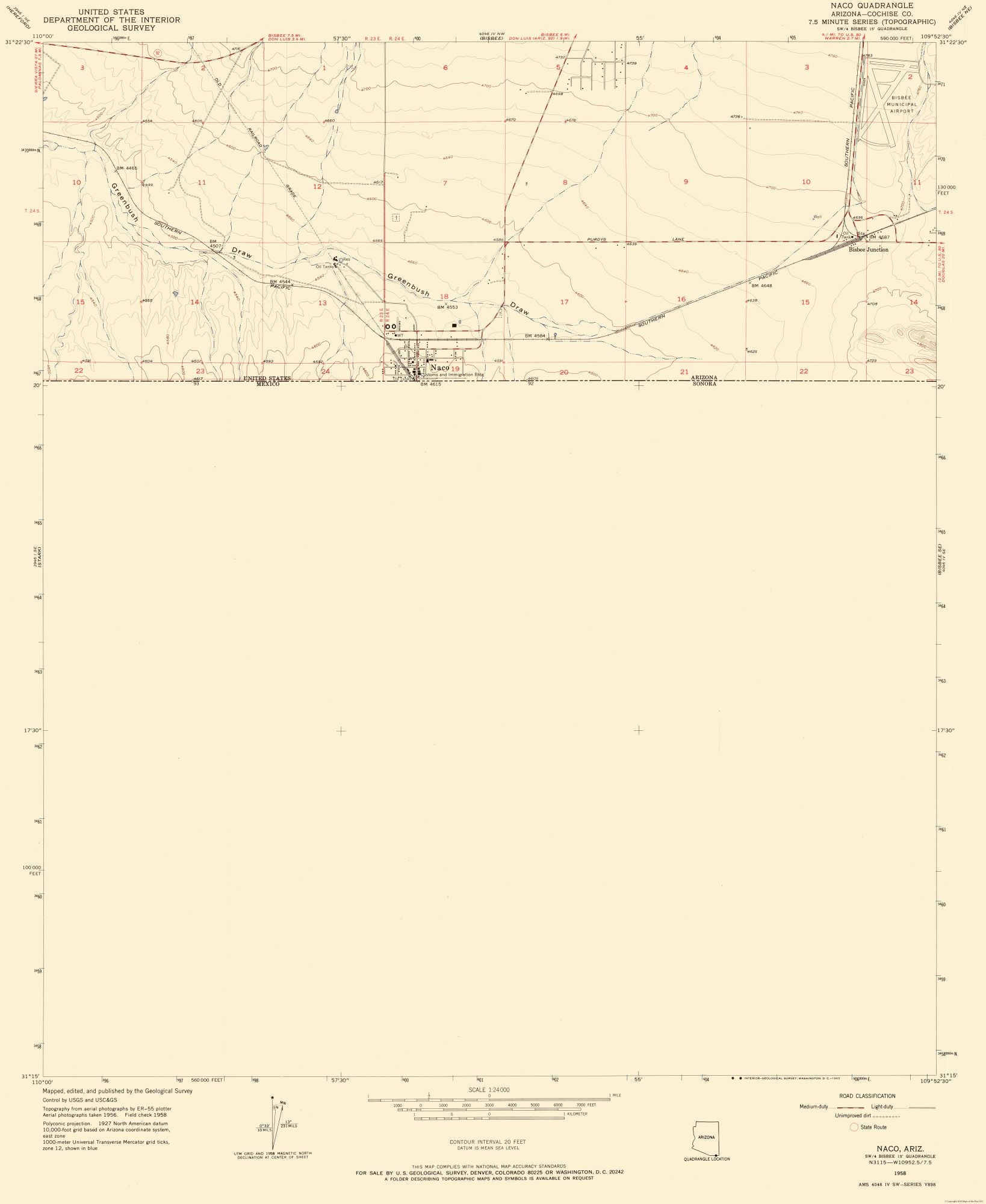 Topographical Map - Naco Arizona Quad - USGS 1958 - 23 x 28.09 ...