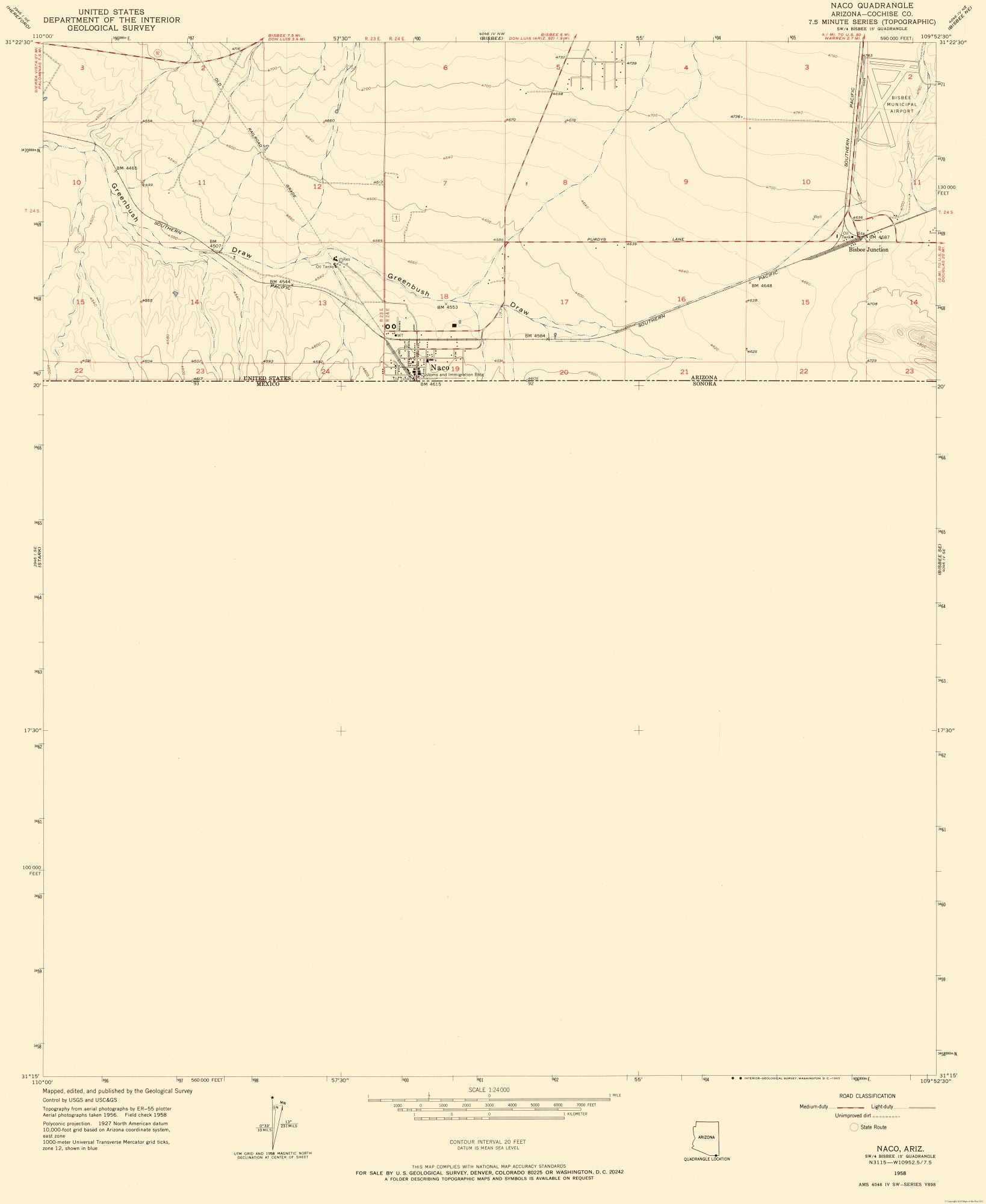 Topographical Map - Naco Arizona Quad - USGS 1958 - 23 x 28.09 ...