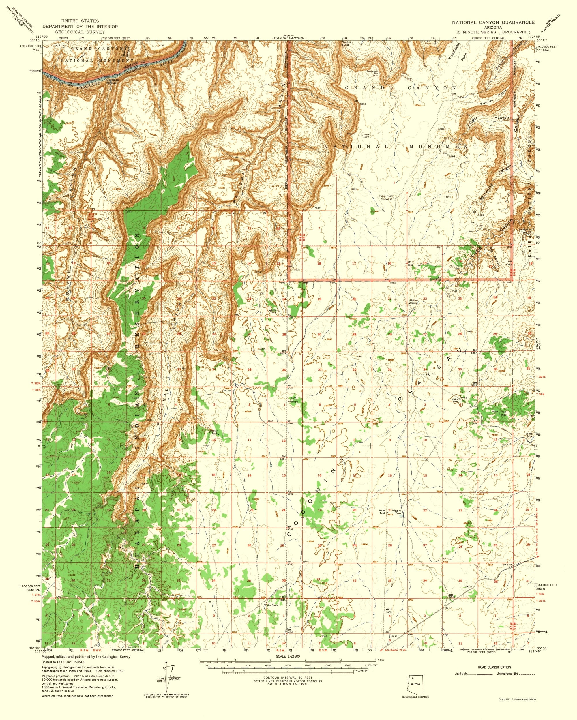 Topographical Map - National Canyon Arizona Quad - USGS 1962 - 23 x 28. ...