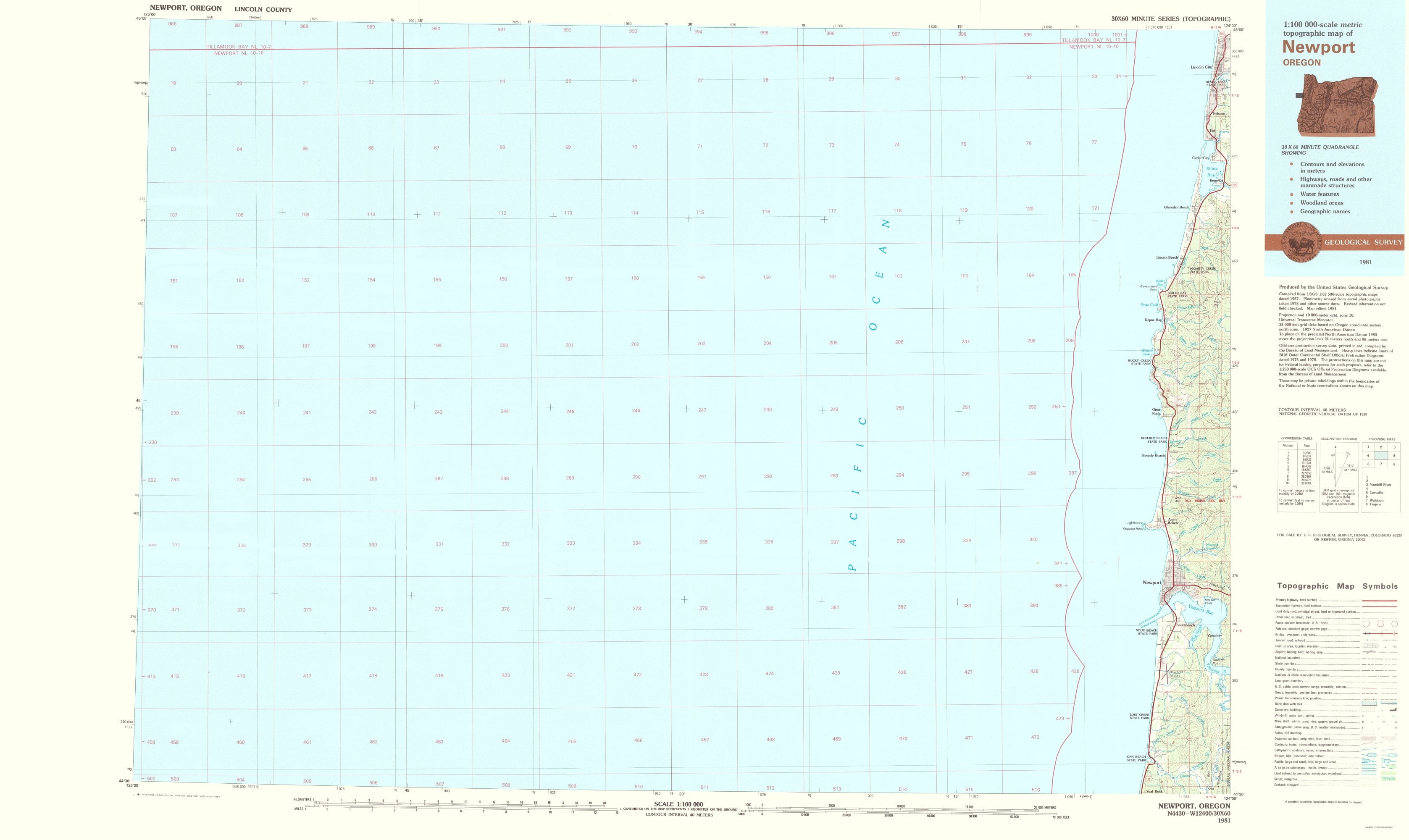 Topographical Map - Newport Oregon Quad - USGS 1981 - 23 x 38.58 ...
