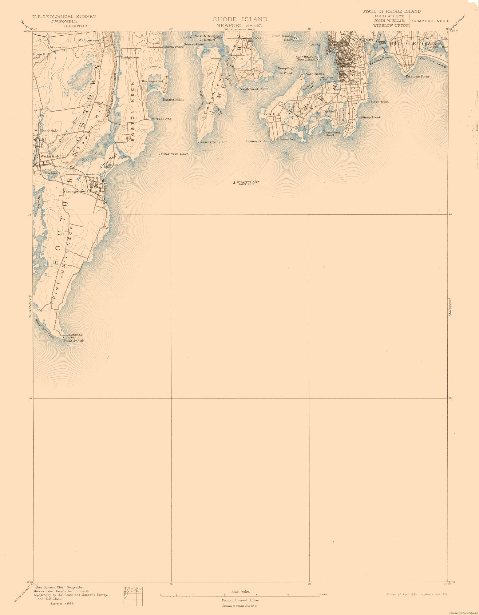 Topographical Map - Newport Rhode Island Sheet - USGS 1894 - 23 x 29.52 ...