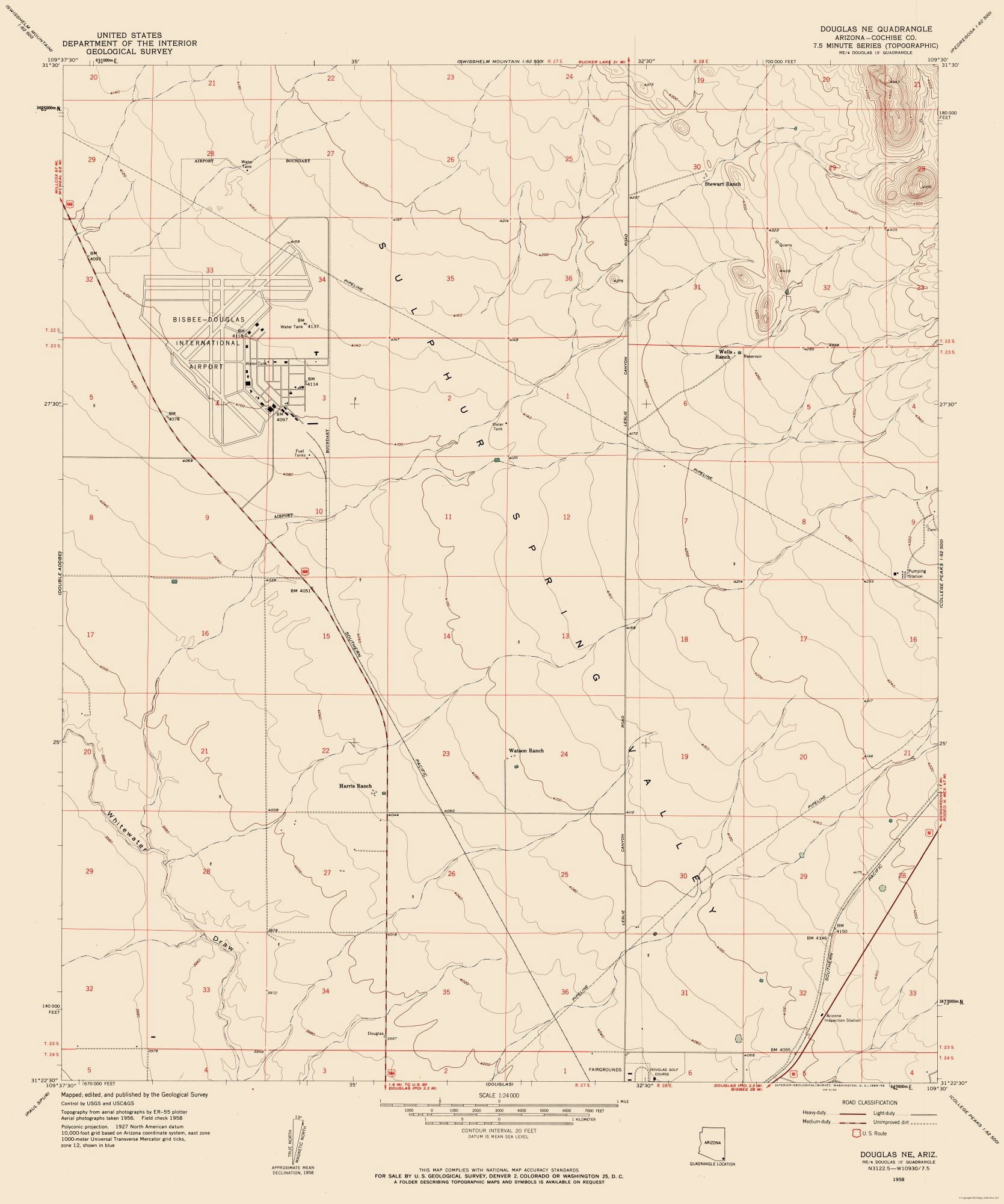 Topographical Map - North East Douglas Arizona Quad - USGS 1958 - 23 x ...